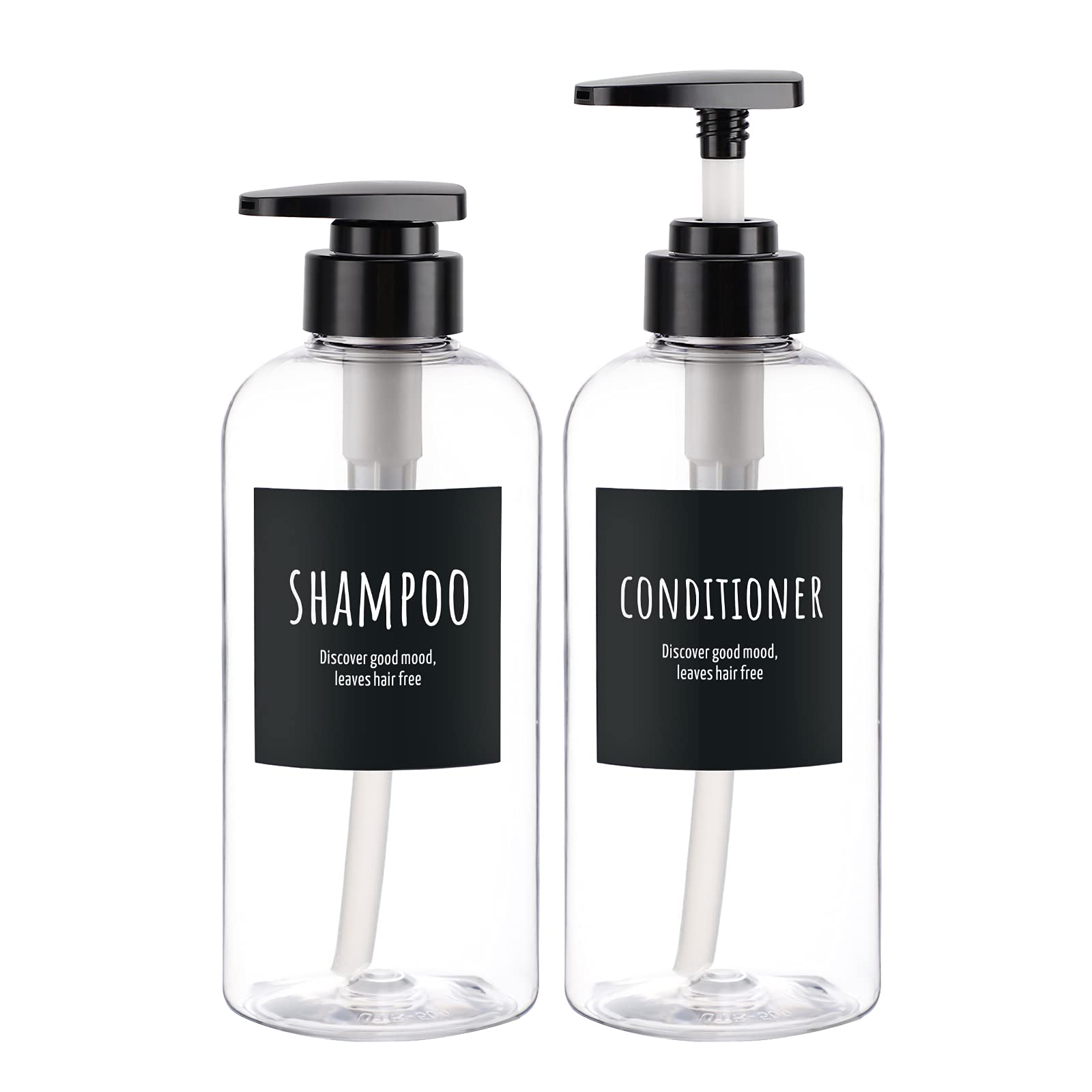 Shampoo and Conditioner Bottles, Segbeauty 2 Pack 16.9oz Refillable Shampoo Bottles, 500ml Labeled Clear Shower Bottles Refillable, Large Empty Plastic Bathroom Soap Lotion Shampoo Dispenser with Pump