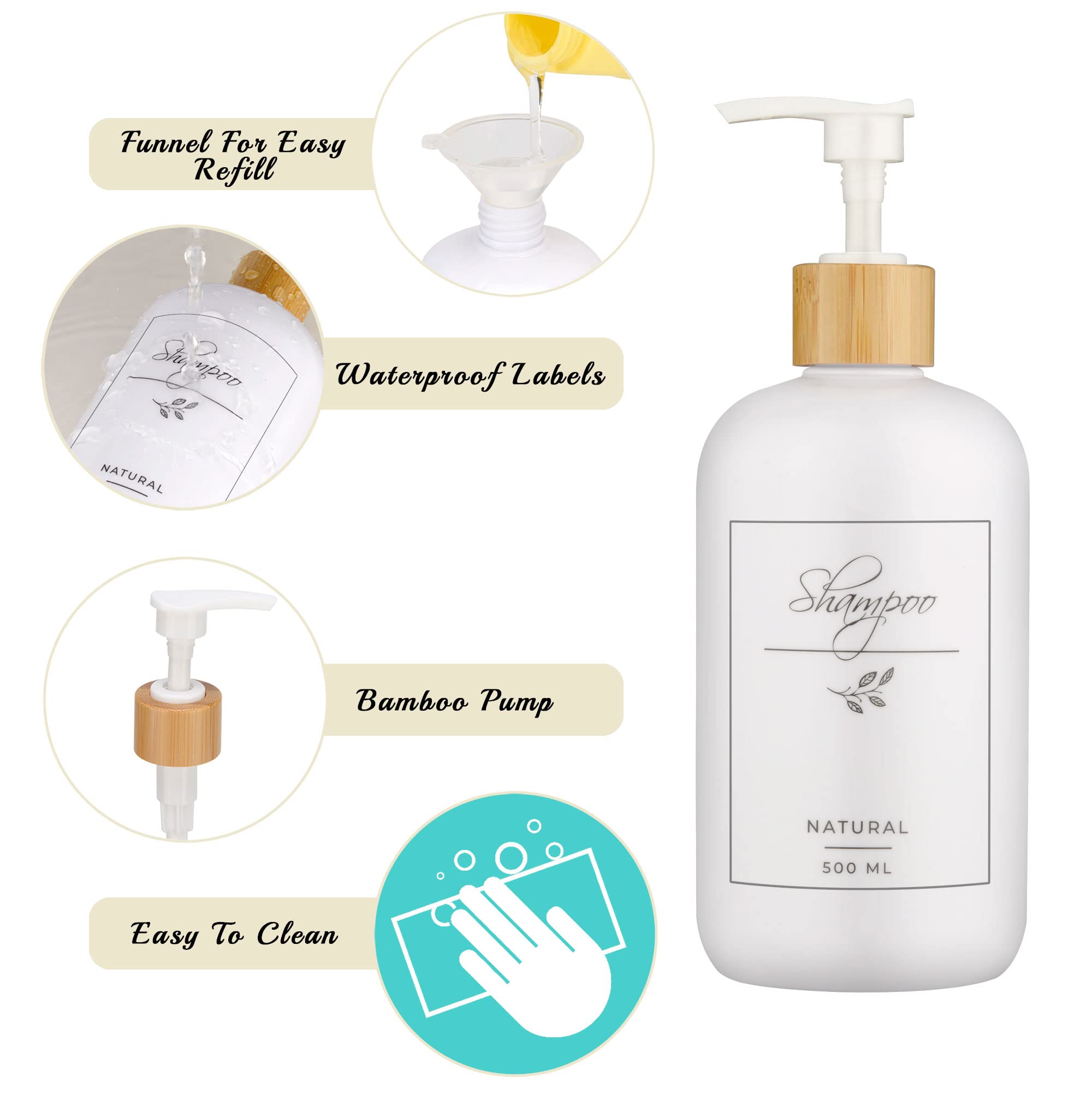 YS STORE Shampoo and Conditioner Dispenser - Refillable Bath Set of 3 16oz Bamboo Pump with Funnel White Containers for Body Wash, Waterproof label, clean and modern.