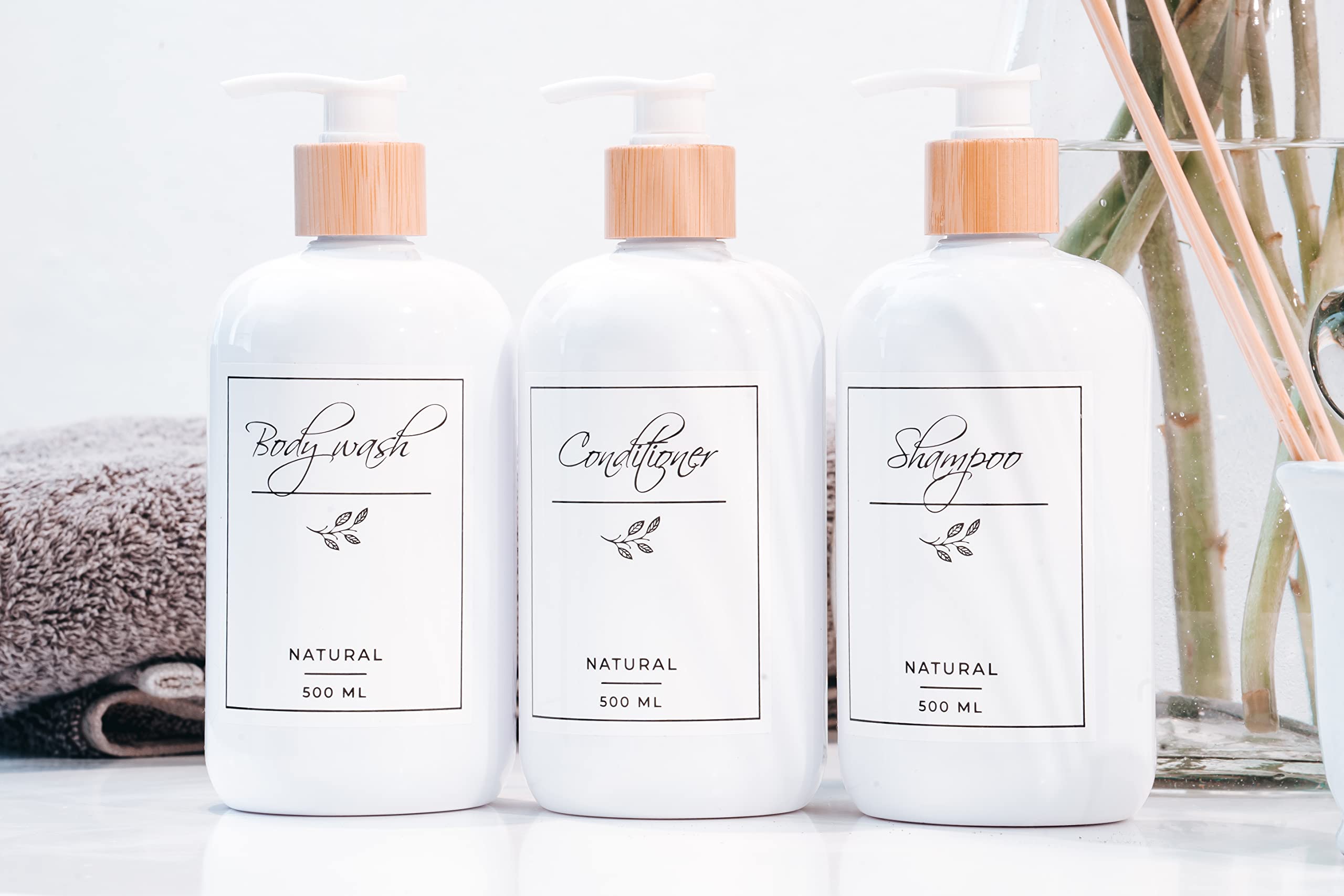 YS STORE Shampoo and Conditioner Dispenser - Refillable Bath Set of 3 16oz Bamboo Pump with Funnel White Containers for Body Wash, Waterproof label, clean and modern.