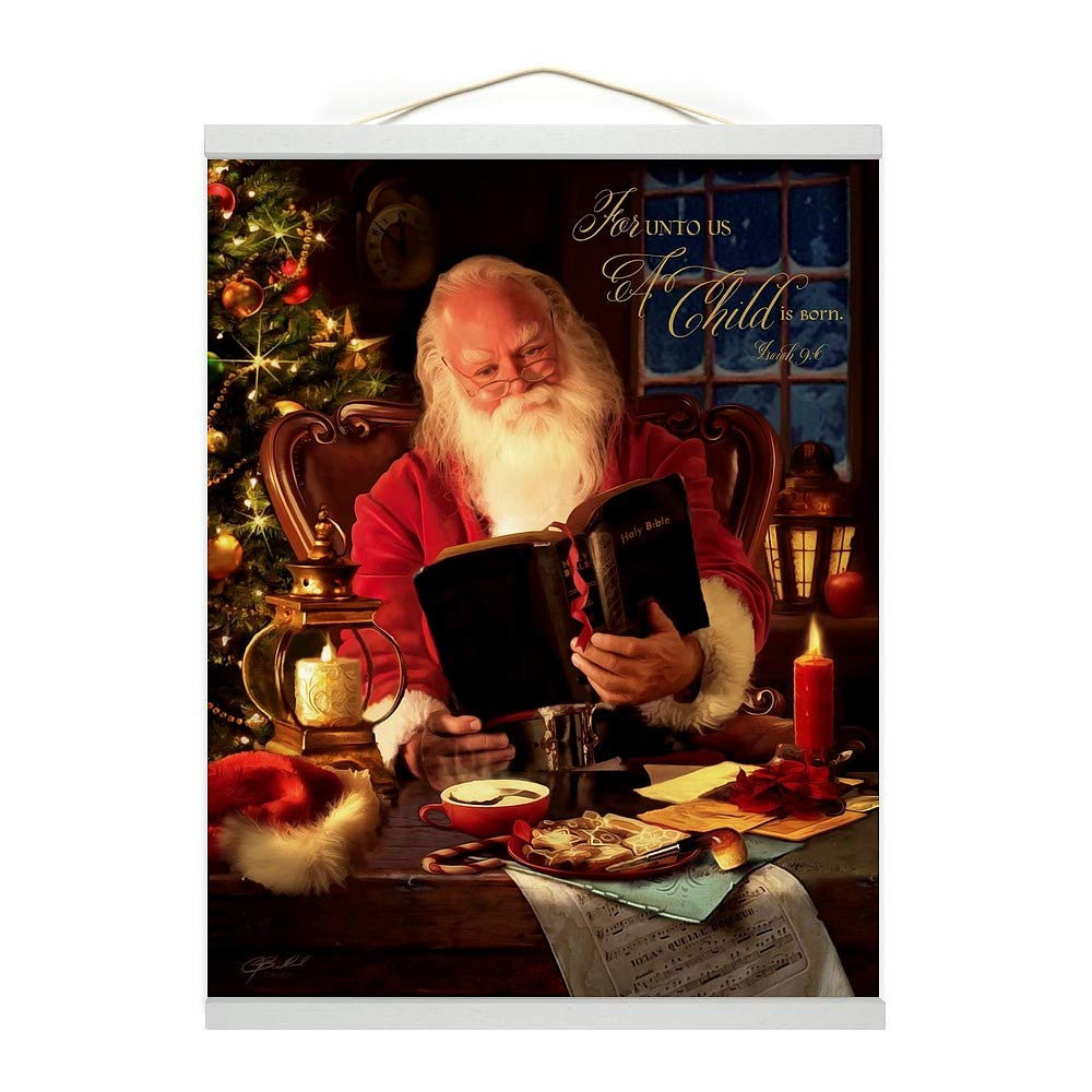 CANVAS ON DEMAND Santa Hanging Poster Canvas Print, Jolly Old Saint Nick Reads the Bible, Christmas Wall Decor with a Christian Message, White Trim, 16āx20ā
