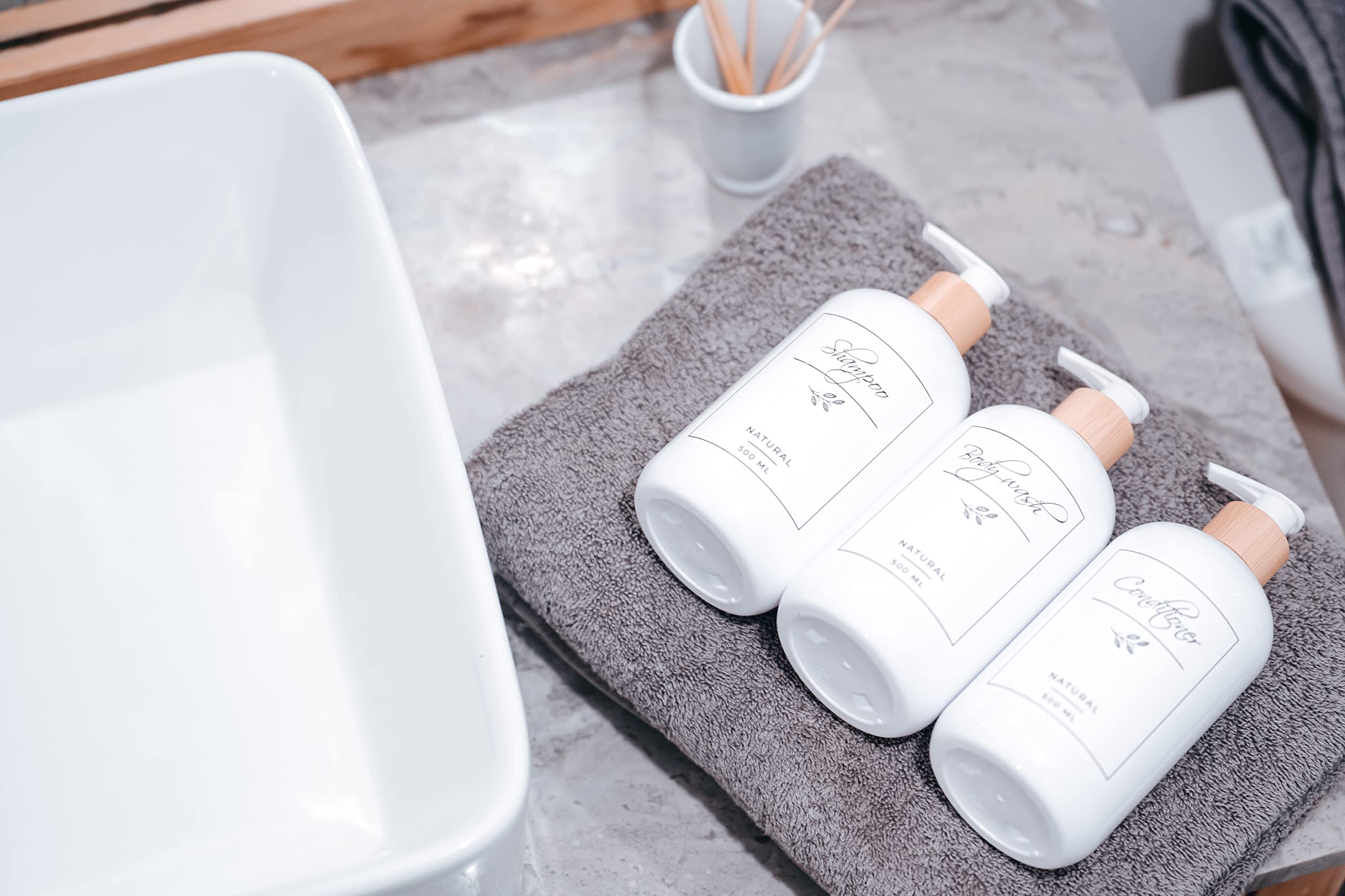 YS STORE Shampoo and Conditioner Dispenser - Refillable Bath Set of 3 16oz Bamboo Pump with Funnel White Containers for Body Wash, Waterproof label, clean and modern.