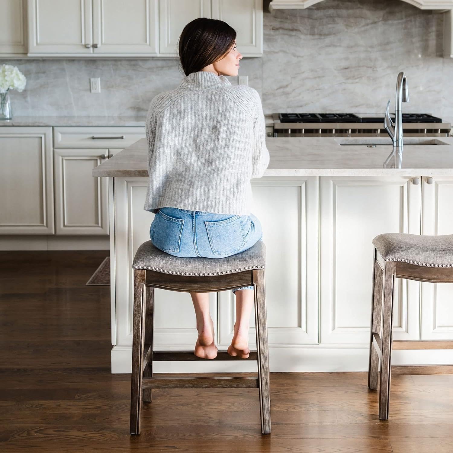 Maven Lane Adrien 31 Inch Bar Height Upholstered Backless Saddle Barstool in Dark Walnut Finish with Ash Grey Fabric Cushion Seat