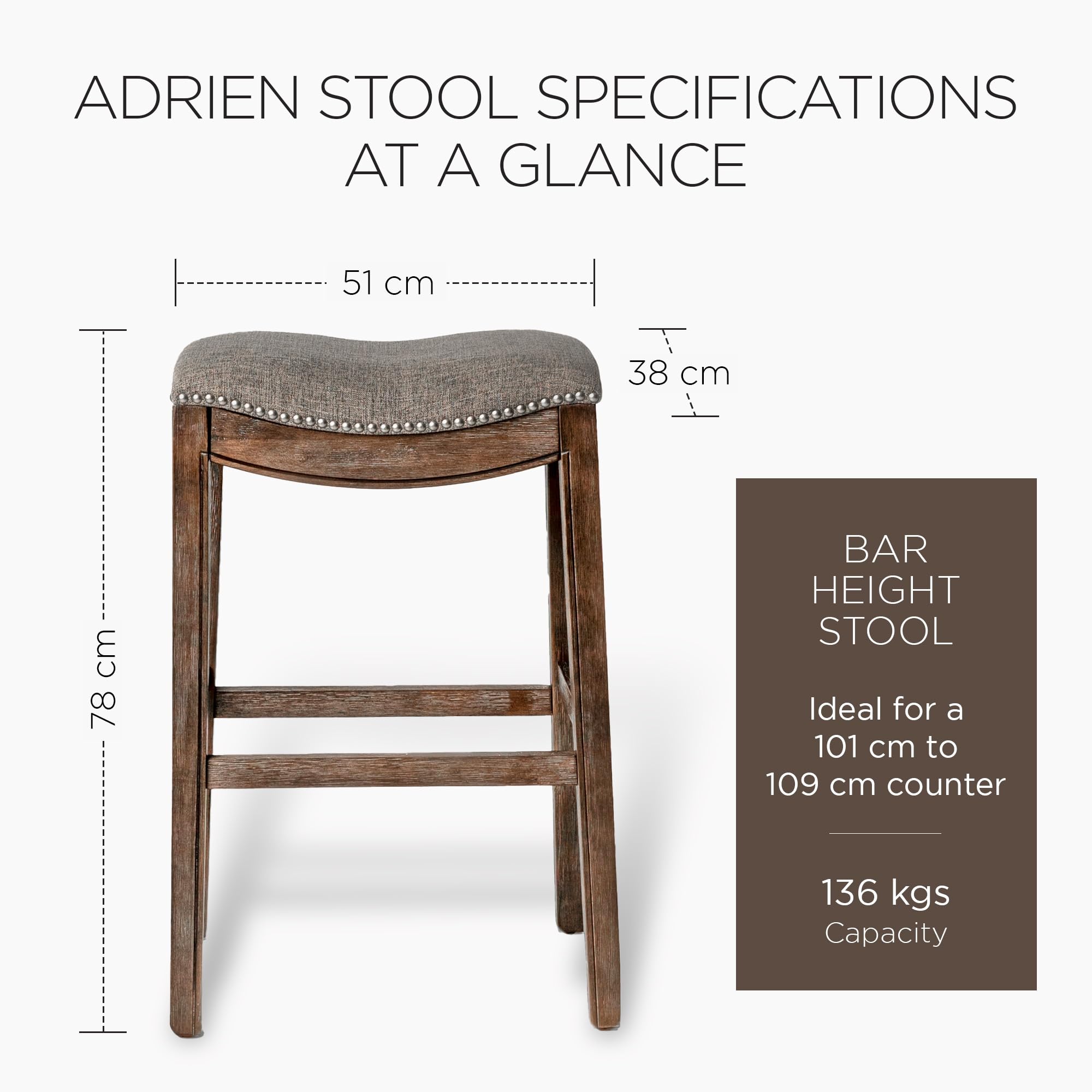 Maven Lane Adrien 31 Inch Bar Height Upholstered Backless Saddle Barstool in Dark Walnut Finish with Ash Grey Fabric Cushion Seat