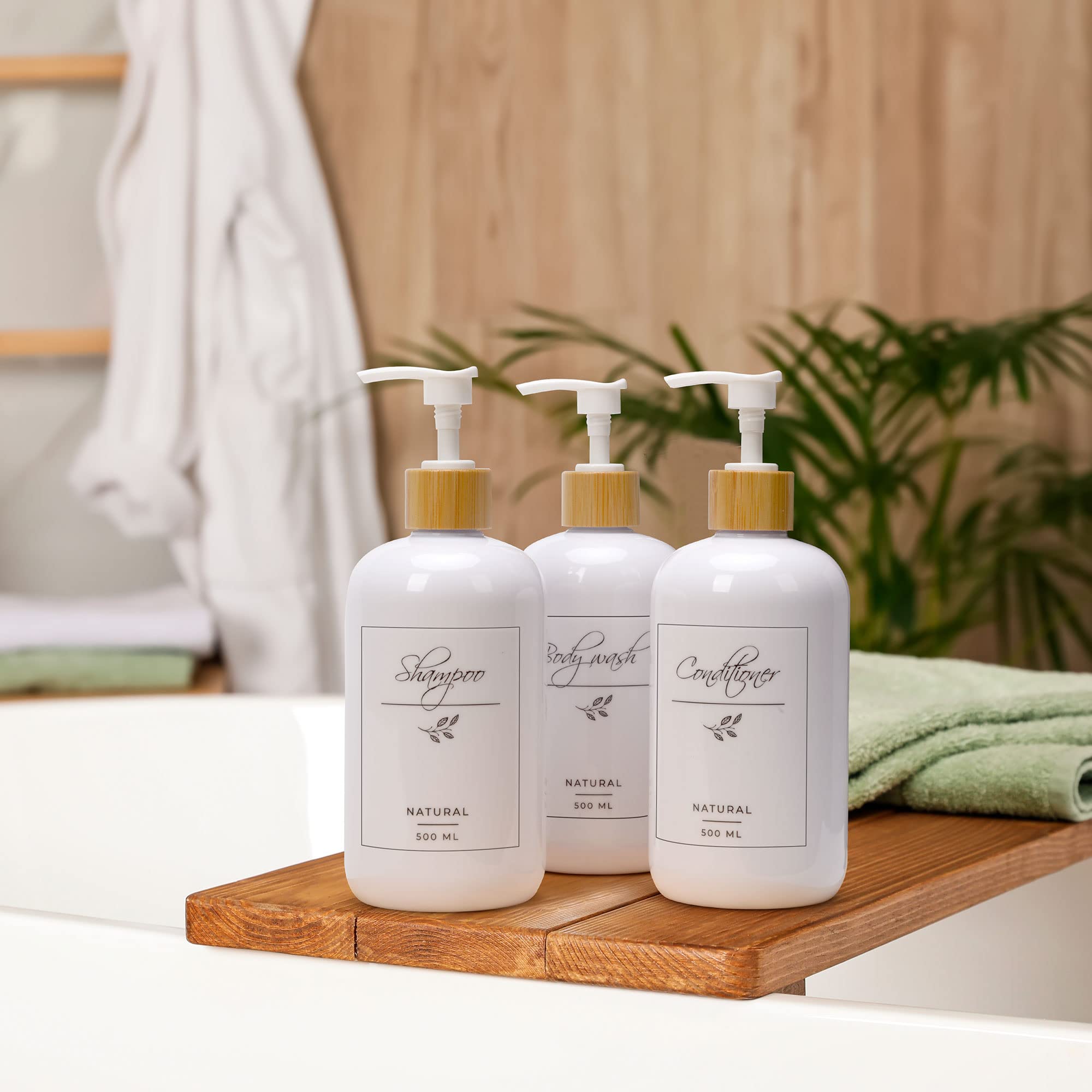 YS STORE Shampoo and Conditioner Dispenser - Refillable Bath Set of 3 16oz Bamboo Pump with Funnel White Containers for Body Wash, Waterproof label, clean and modern.