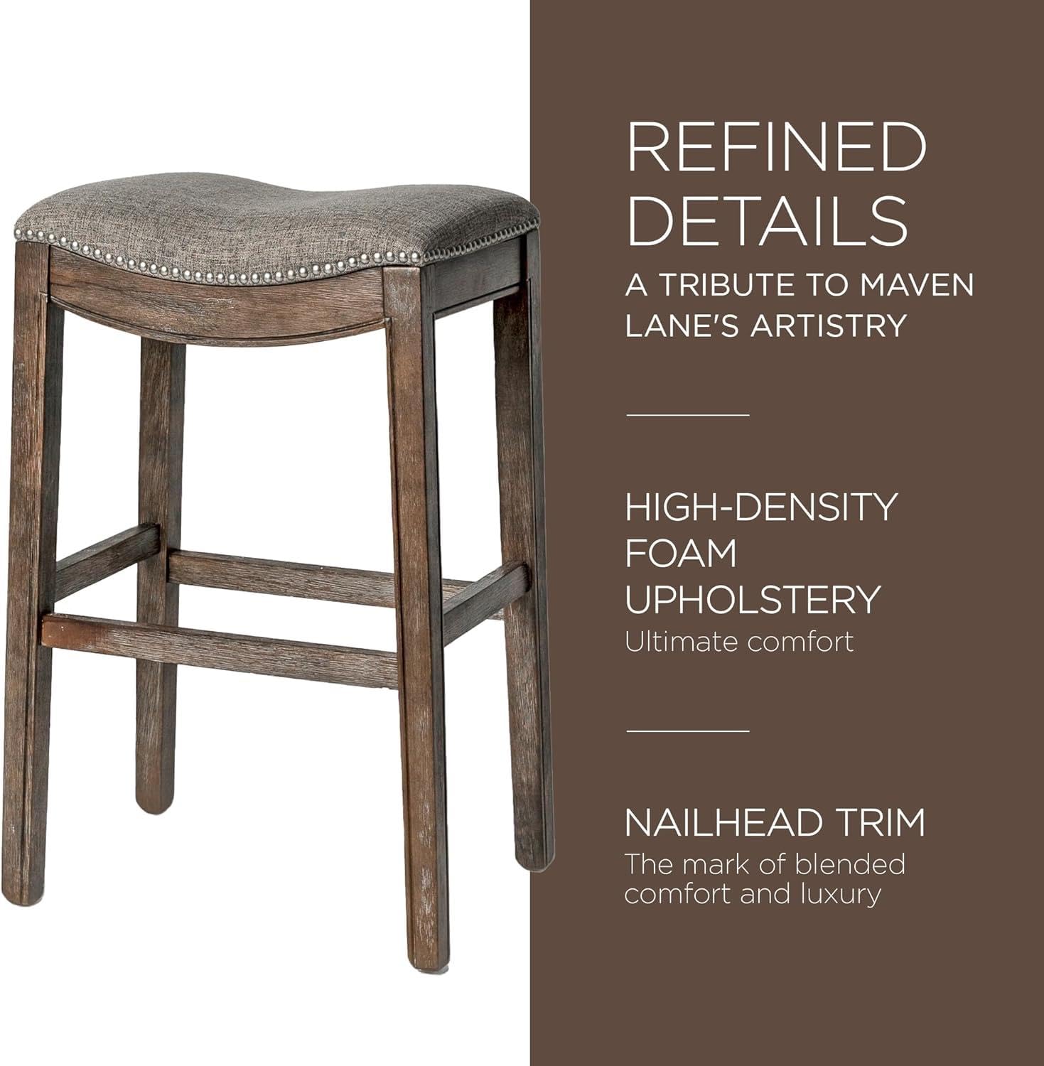 Maven Lane Adrien 31 Inch Bar Height Upholstered Backless Saddle Barstool in Dark Walnut Finish with Ash Grey Fabric Cushion Seat