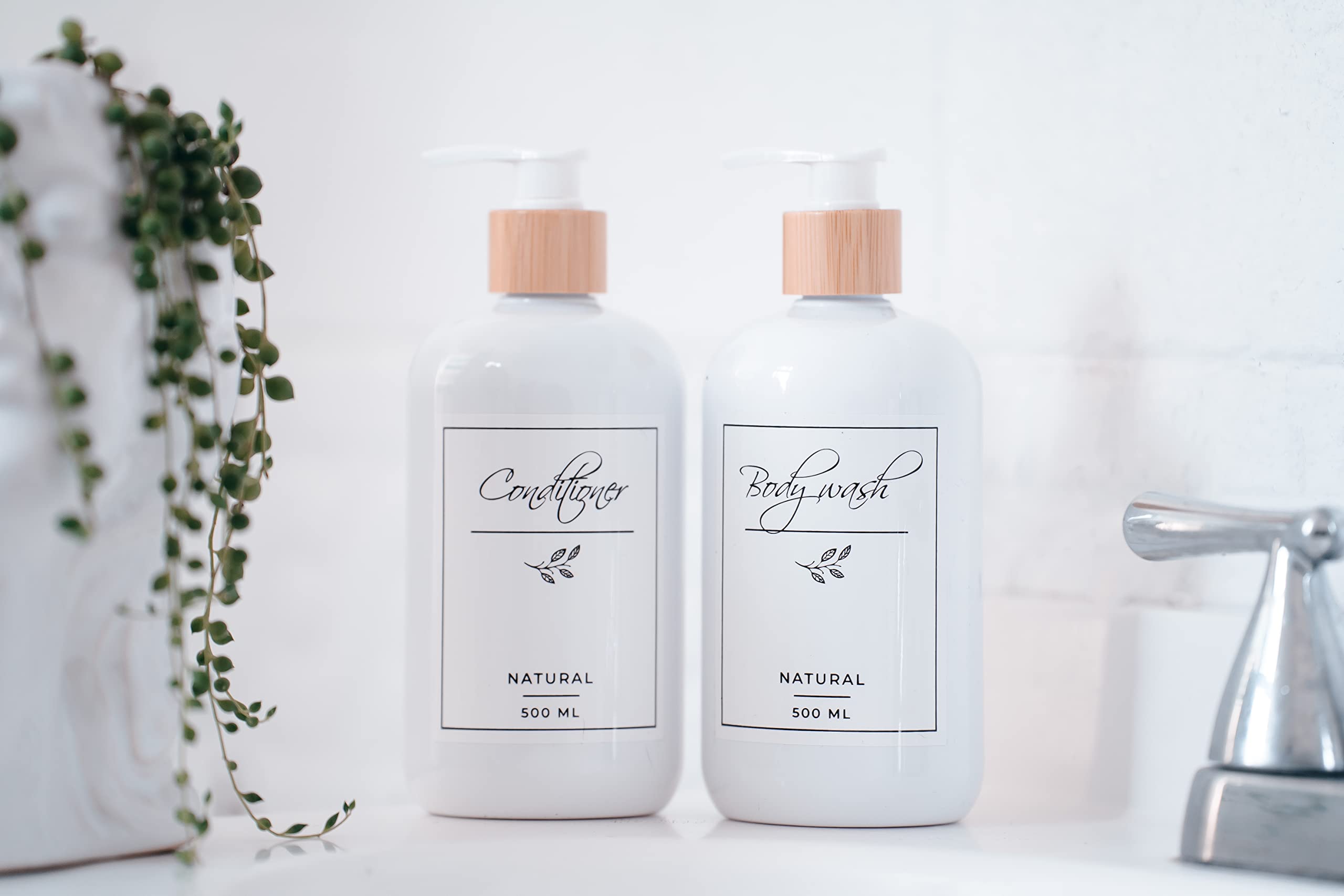 YS STORE Shampoo and Conditioner Dispenser - Refillable Bath Set of 3 16oz Bamboo Pump with Funnel White Containers for Body Wash, Waterproof label, clean and modern.