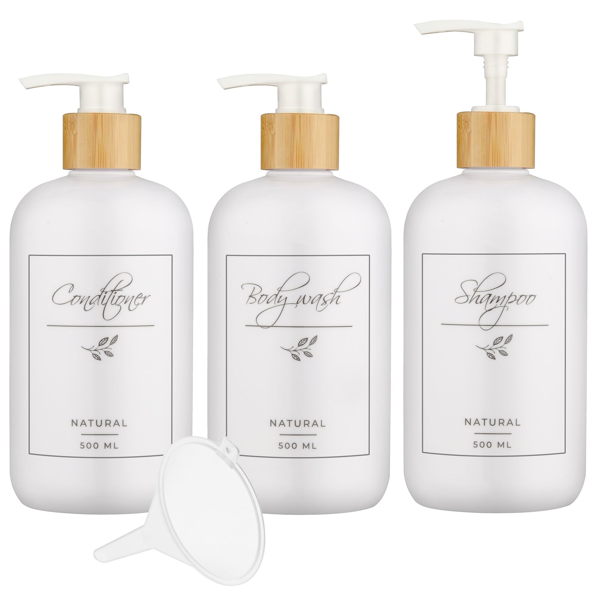 YS STORE Shampoo and Conditioner Dispenser - Refillable Bath Set of 3 16oz Bamboo Pump with Funnel White Containers for Body Wash, Waterproof label, clean and modern.