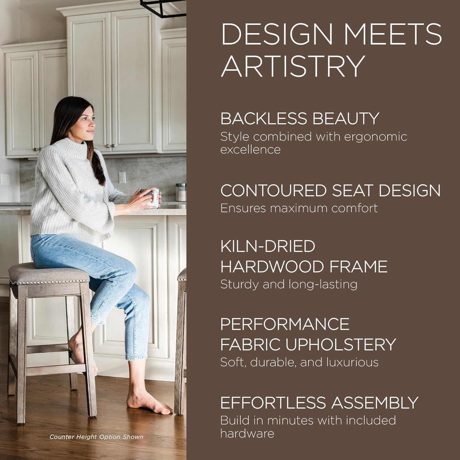 Maven Lane Adrien 31 Inch Bar Height Upholstered Backless Saddle Barstool in Dark Walnut Finish with Ash Grey Fabric Cushion Seat