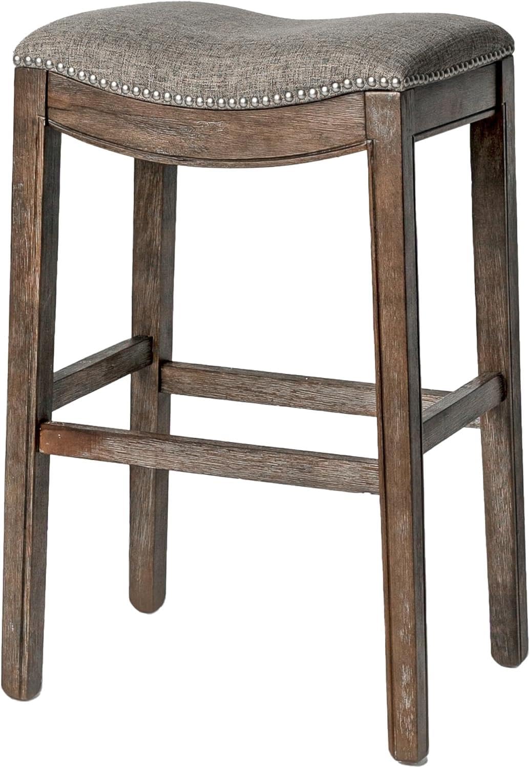 Maven Lane Adrien 31 Inch Bar Height Upholstered Backless Saddle Barstool in Dark Walnut Finish with Ash Grey Fabric Cushion Seat