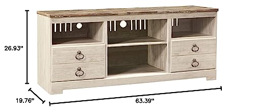 Signature Design by Ashley Willowton Farmhouse TV Stand With Fireplace Option Fits TVs up to 62" with 2 Drawers and 2 Storage Cubbies, Whitewash