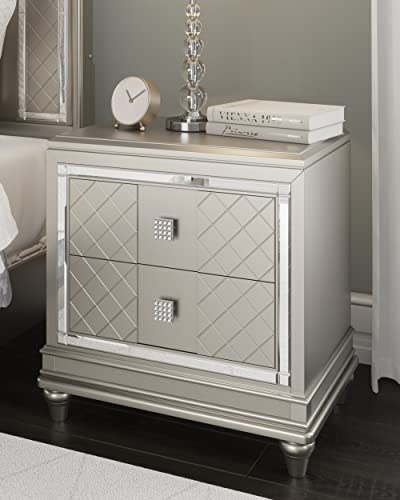 Signature Design by Ashley Chevanna Glam Embossed Diamond-Patterned 2 Drawer Night Stand with USB Charging Ports, Chrome