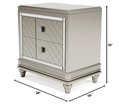 Signature Design by Ashley Chevanna Glam Embossed Diamond-Patterned 2 Drawer Night Stand with USB Charging Ports, Chrome