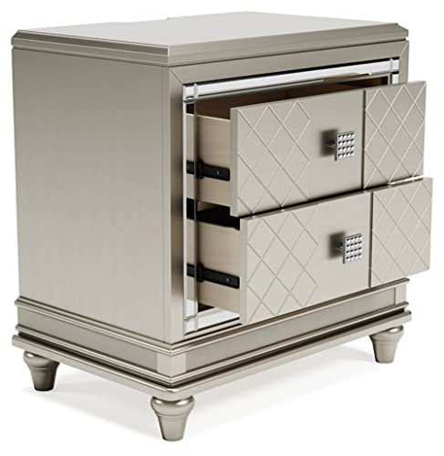 Signature Design by Ashley Chevanna Glam Embossed Diamond-Patterned 2 Drawer Night Stand with USB Charging Ports, Chrome