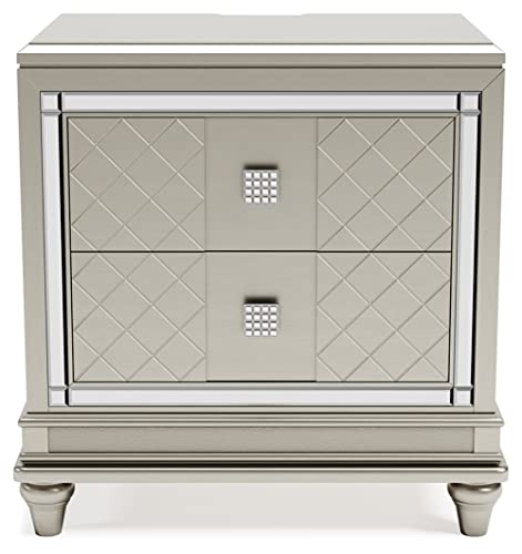 Signature Design by Ashley Chevanna Glam Embossed Diamond-Patterned 2 Drawer Night Stand with USB Charging Ports, Chrome