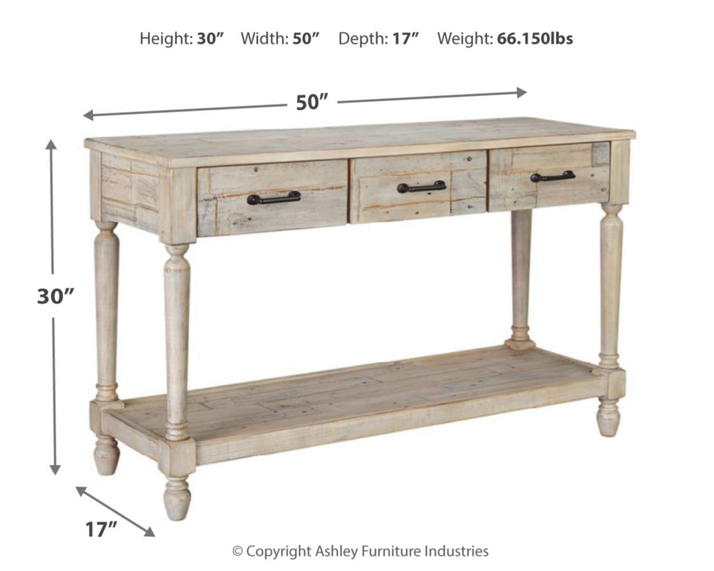 Signature Design by Ashley Shawnalore Farmhouse Solid Pine Wood Sofa Console Table, Whitewash