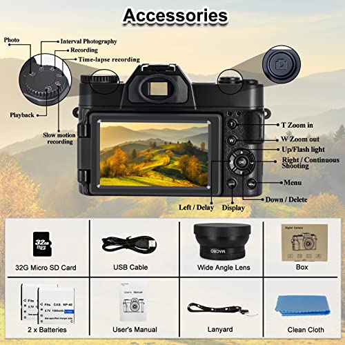 4K Digital Cameras for Photograpy, 48 MP FHD Vlogging Camera with WiFi 16X Digital Zoom 3.0 Inch Flip Screen for YouTube ( 32GB & 2 x Batteries )
