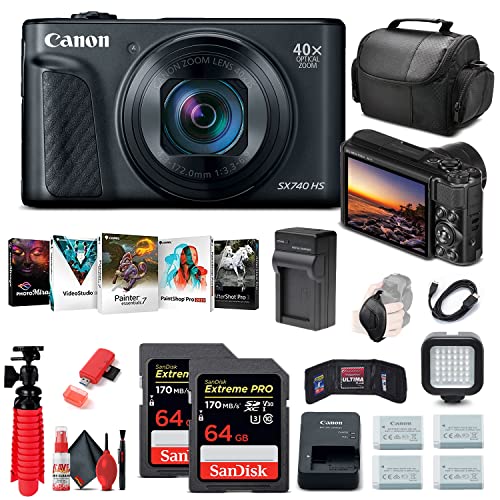 Canon PowerShot SX740 HS Digital Camera (Black) (2955C001) + 2 x 64GB Memory Card + 3 x NB13L Battery + Corel Photo Software + Charger + Card Reader + LED Light + Soft Bag + More (Renewed)