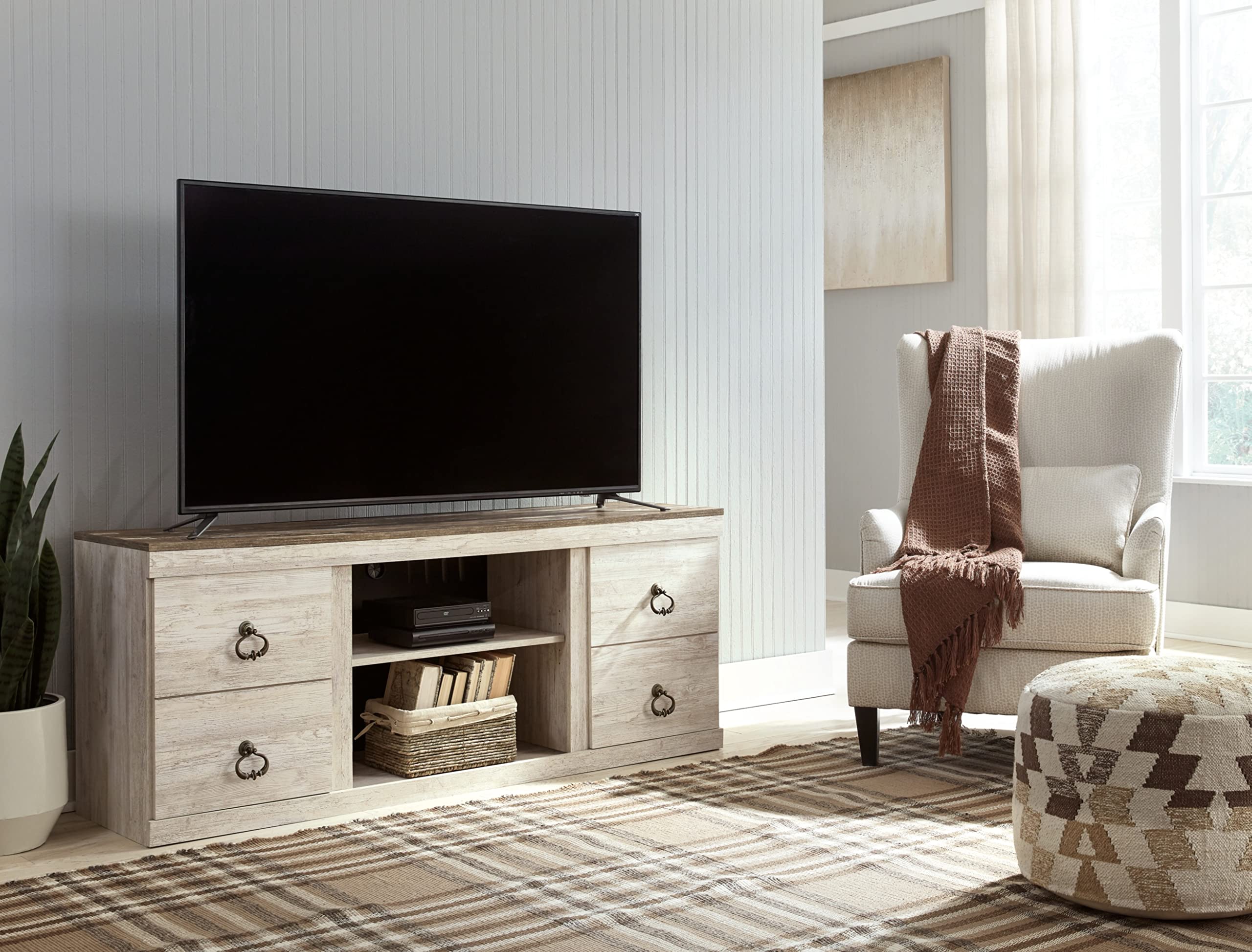 Signature Design by Ashley Willowton Shabby Chic Large TV Stand up to 60" with 3 Shelves and Fireplace Option, White