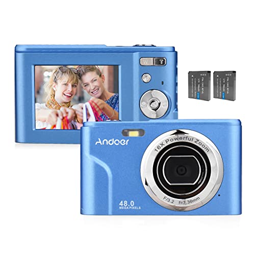 Andoer Portable Digital Camera 48MP 1080P 2.4-inch IPS Screen 16X Zoom Auto Focus Self-Timer 128GB Extended Memory Face Detection Anti-Shaking with 2pcs Batteries Hand Strap Carry Pouch
