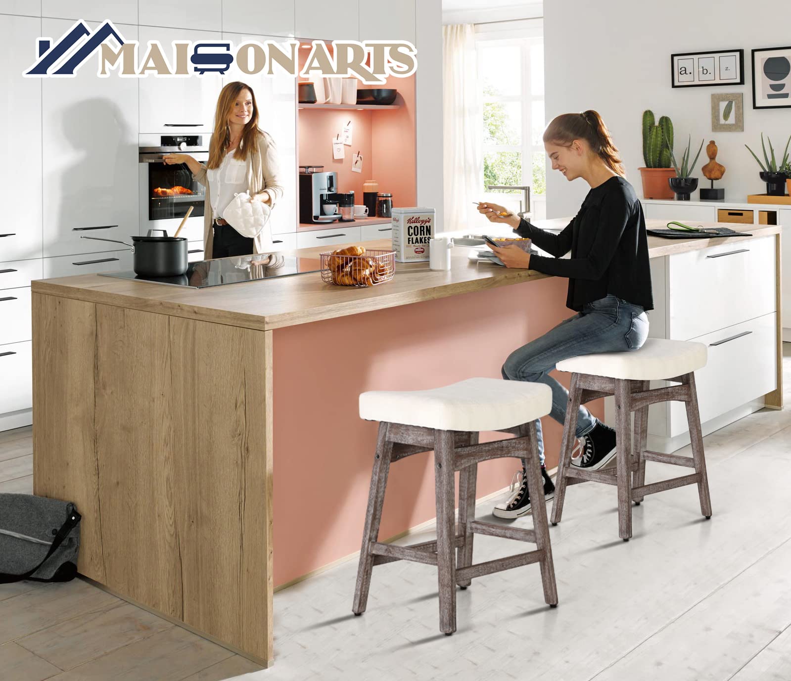 MAISON ARTS Counter Height Bar Stools Set of 2 for Kitchen Counter Solid Wood Legs with Fabric Saddle Seat Farmhouse Barstools for 34"-38" Counter Island Upholstered Stools, 24in, Creamy White