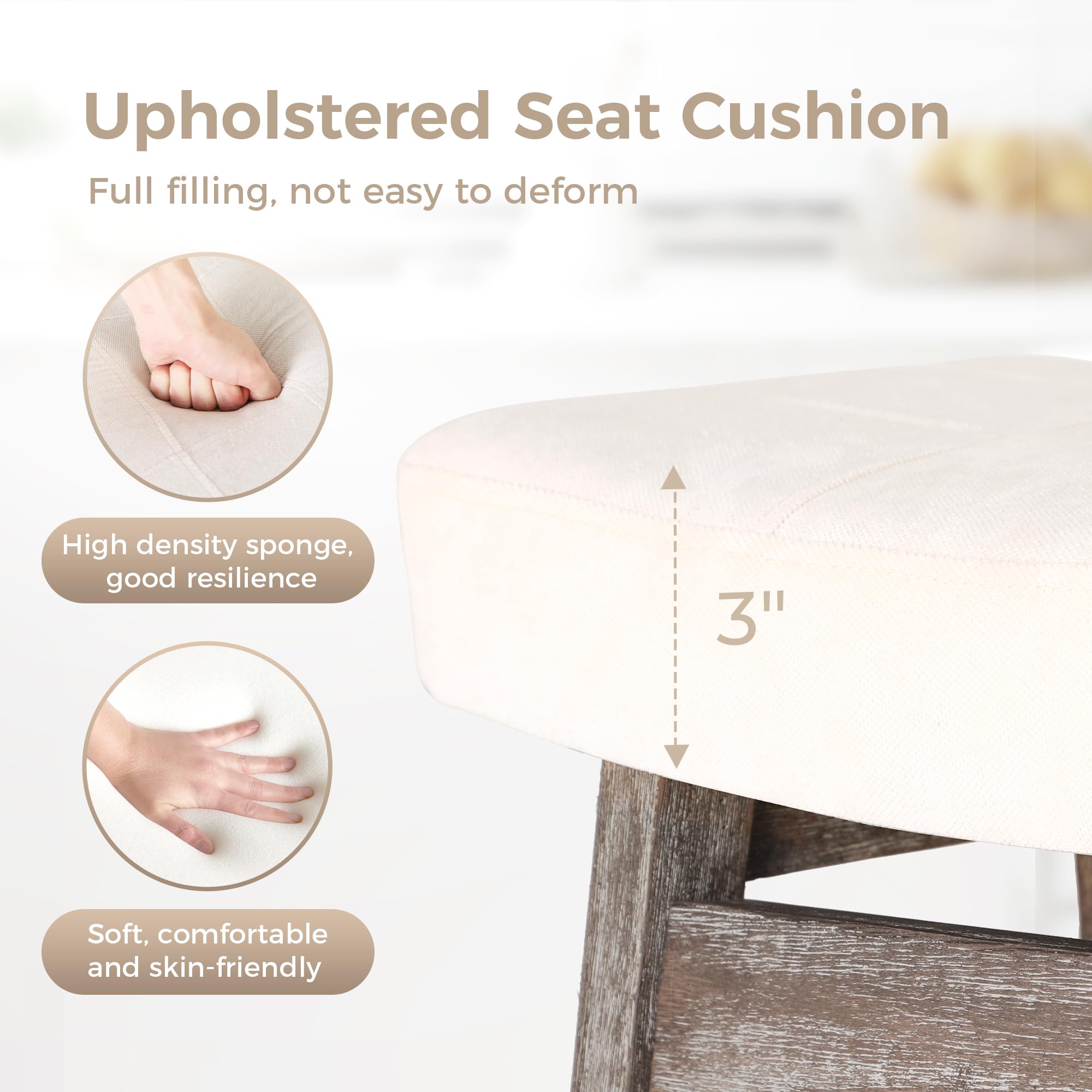 MAISON ARTS Counter Height Bar Stools Set of 2 for Kitchen Counter Solid Wood Legs with Fabric Saddle Seat Farmhouse Barstools for 34"-38" Counter Island Upholstered Stools, 24in, Creamy White