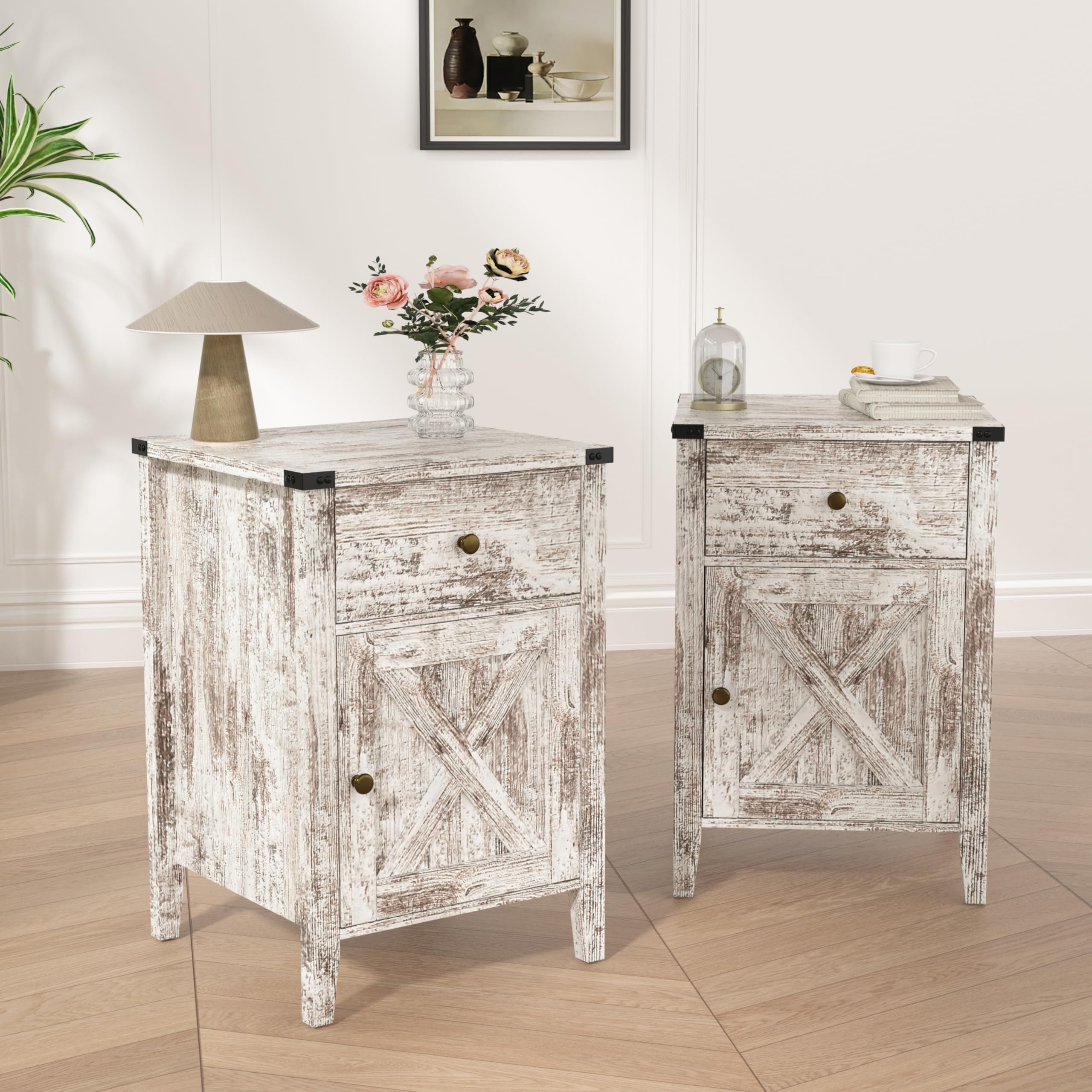 Betterhood Barnwood Rustic Farmhouse Nightstand Set of 2, Side Table with Barn Door and Drawers, Weathered Oak Style End Table for Bedroom, Grey Wash White (no Charging Station, 2)