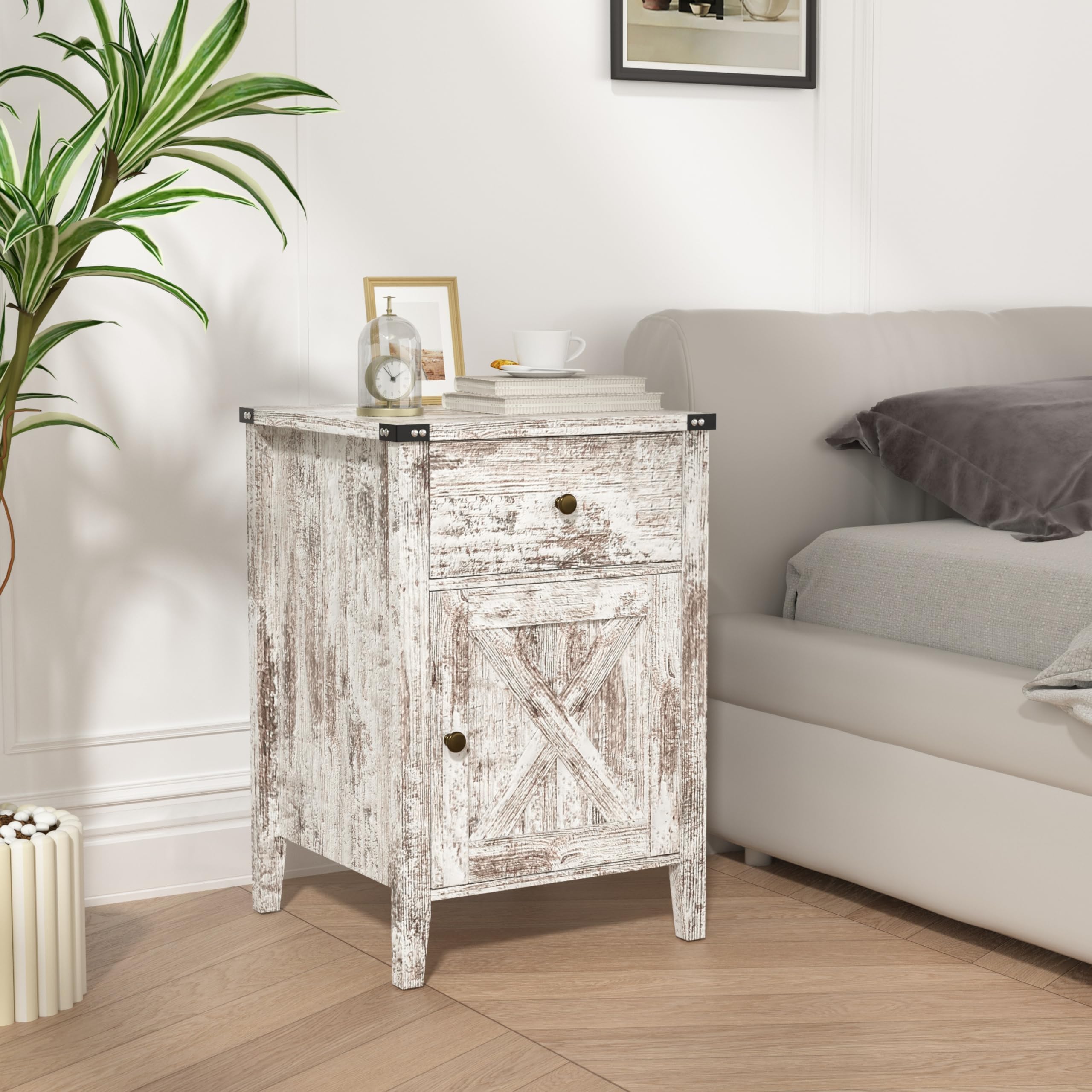 Betterhood Barnwood Rustic Farmhouse Nightstand Set of 2, Side Table with Barn Door and Drawers, Weathered Oak Style End Table for Bedroom, Grey Wash White (no Charging Station, 2)