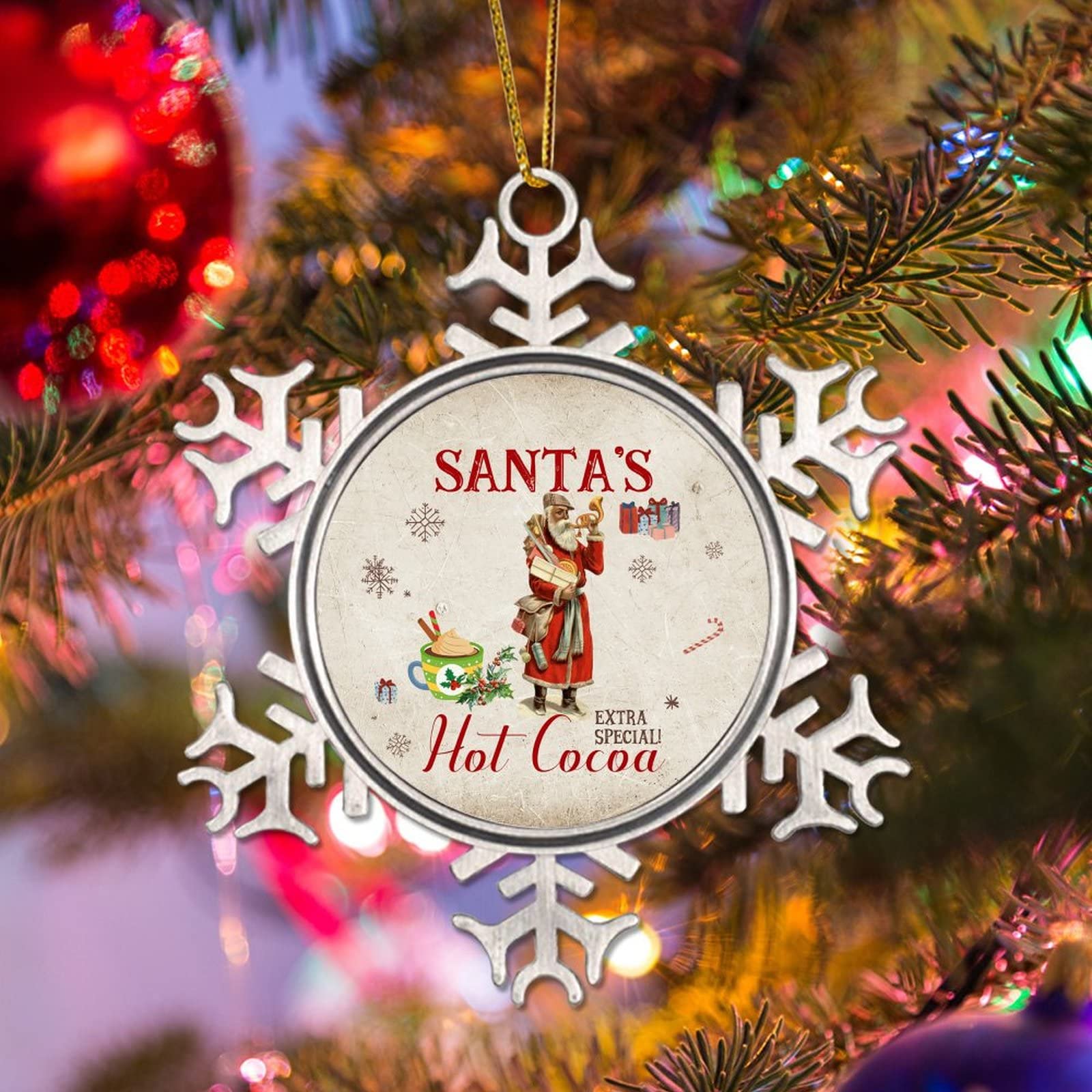 CowkissSign Santa's Hot Cocoa Christmas Ornaments Coffee Vintage Santa Claus Snowflake Metal Xmas Tree Hanging Pendant Keepsake Seasons Greeting Christmas Decorations Gift