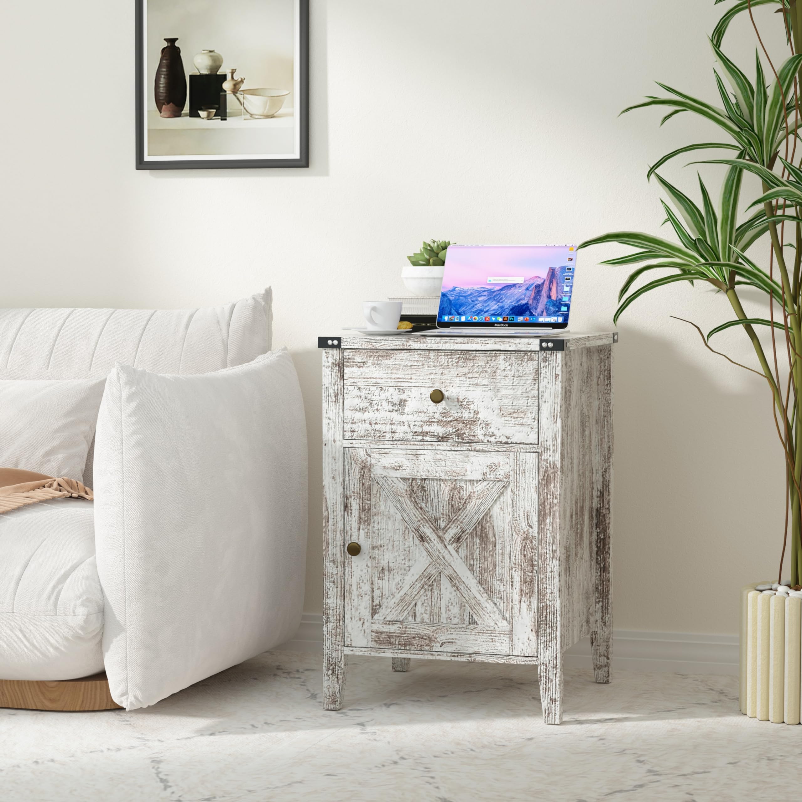 Betterhood Barnwood Rustic Farmhouse Nightstand Set of 2, Side Table with Barn Door and Drawers, Weathered Oak Style End Table for Bedroom, Grey Wash White (no Charging Station, 2)