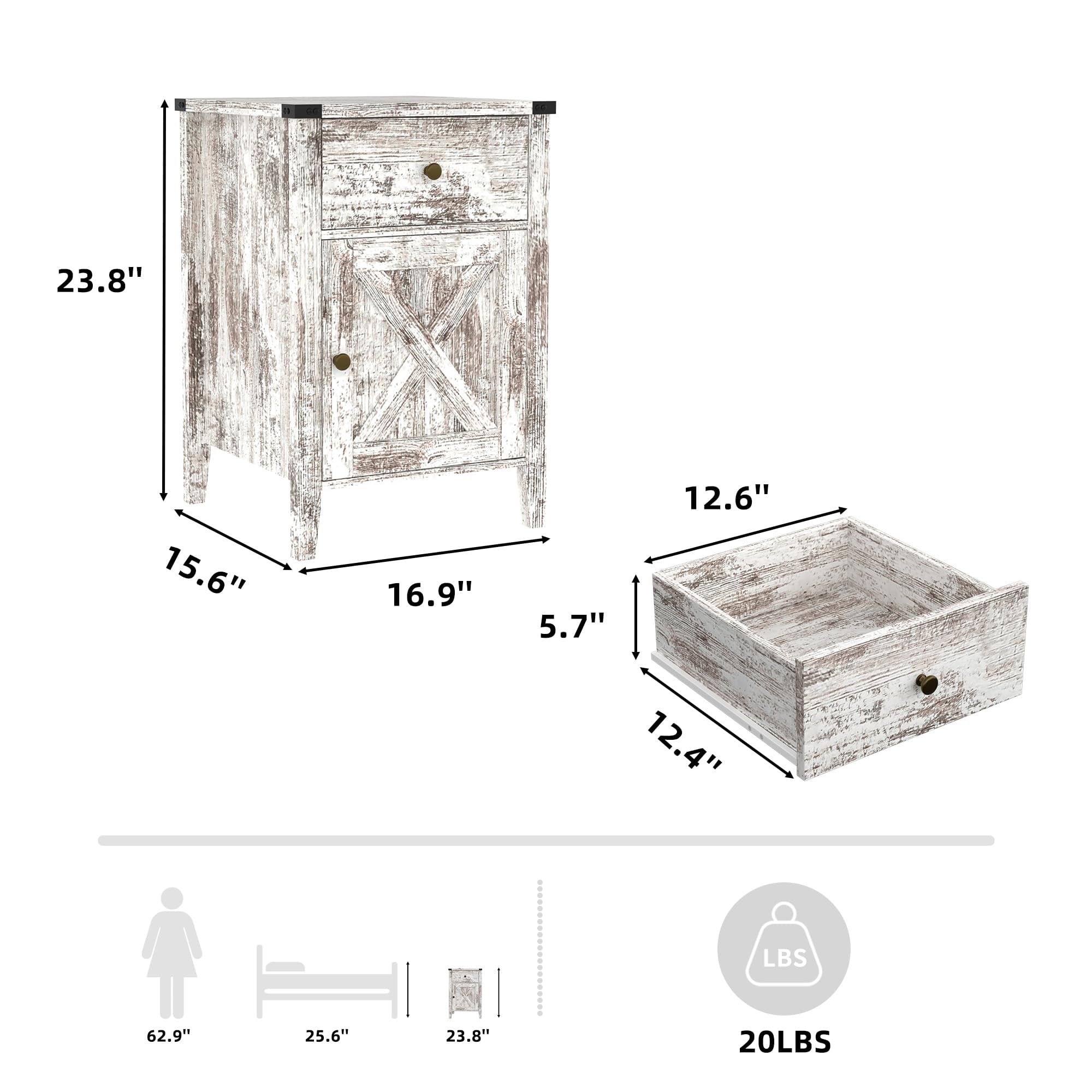 Betterhood Barnwood Rustic Farmhouse Nightstand Set of 2, Side Table with Barn Door and Drawers, Weathered Oak Style End Table for Bedroom, Grey Wash White (no Charging Station, 2)