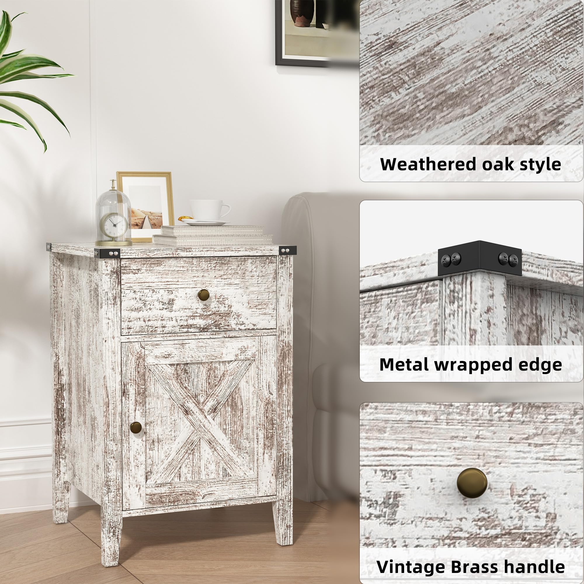 Betterhood Barnwood Rustic Farmhouse Nightstand Set of 2, Side Table with Barn Door and Drawers, Weathered Oak Style End Table for Bedroom, Grey Wash White (no Charging Station, 2)