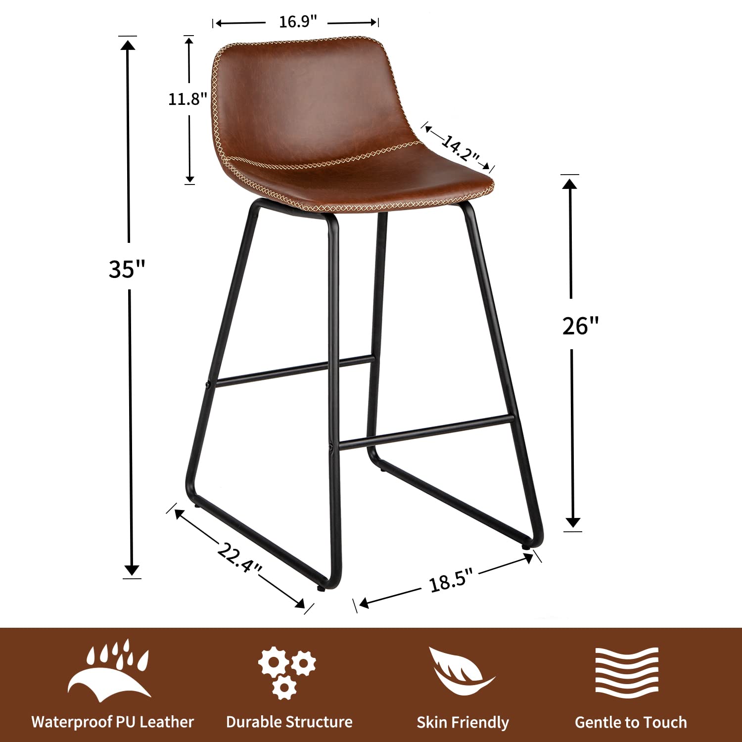 HeuGah Bar Stools Set of 4,Faux Leather Counter Height Bar Stools,26" Bar Chairs with Back,Modern Counter Stool for Kitchen Island