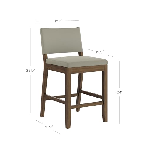 Nathan James Linus Modern Upholstered Counter Height Bar Stool with Back and Solid Rubberwood Legs in a Dark Brown Wood, Natural Light Grey/Brown, Set of 4