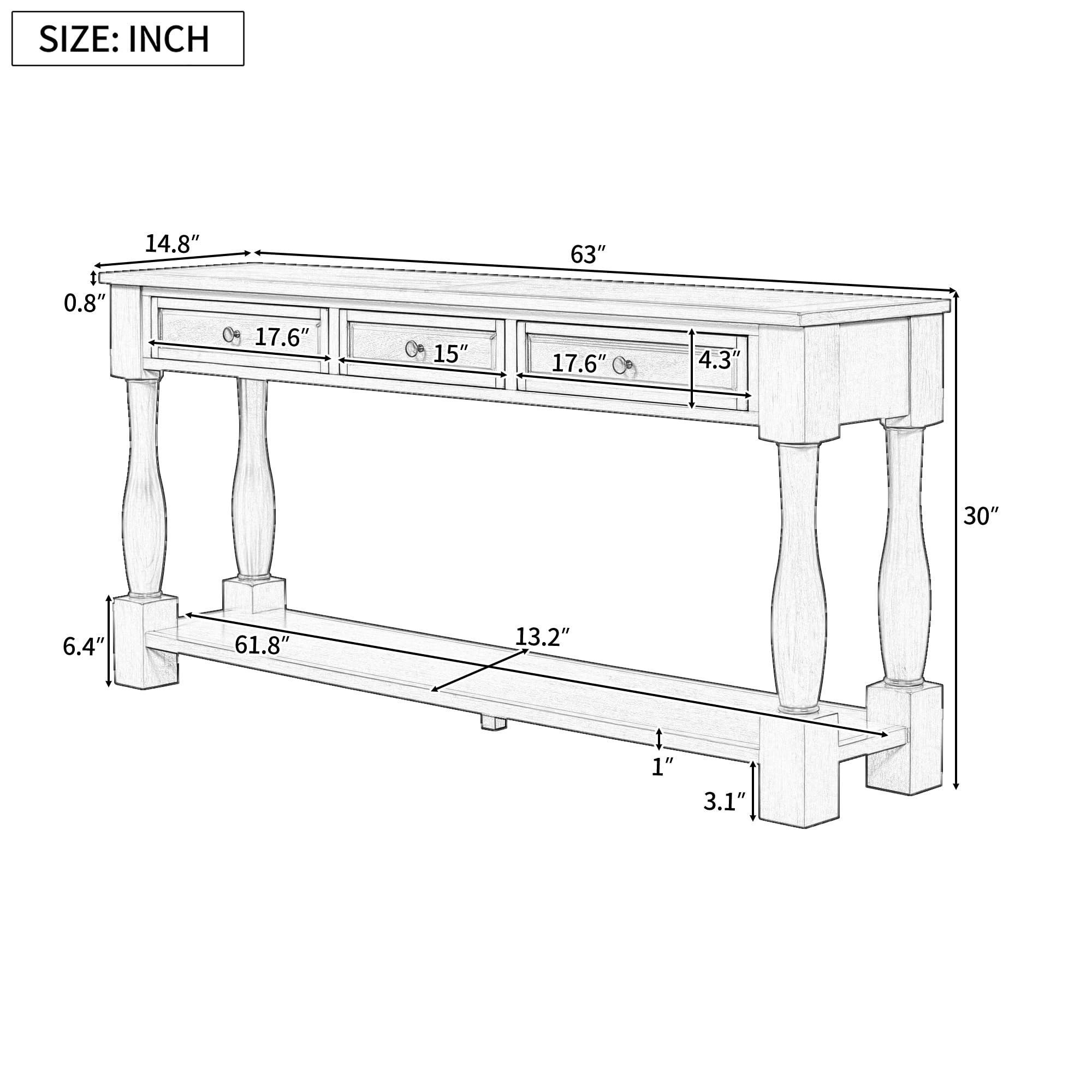 Merax LUMISOL 64 inch Long Console Sofa Table with 3 Drawers and Bottom Shelf, Hallway Table Entryway Table for Living Room, Easy Assembly (Antique White).