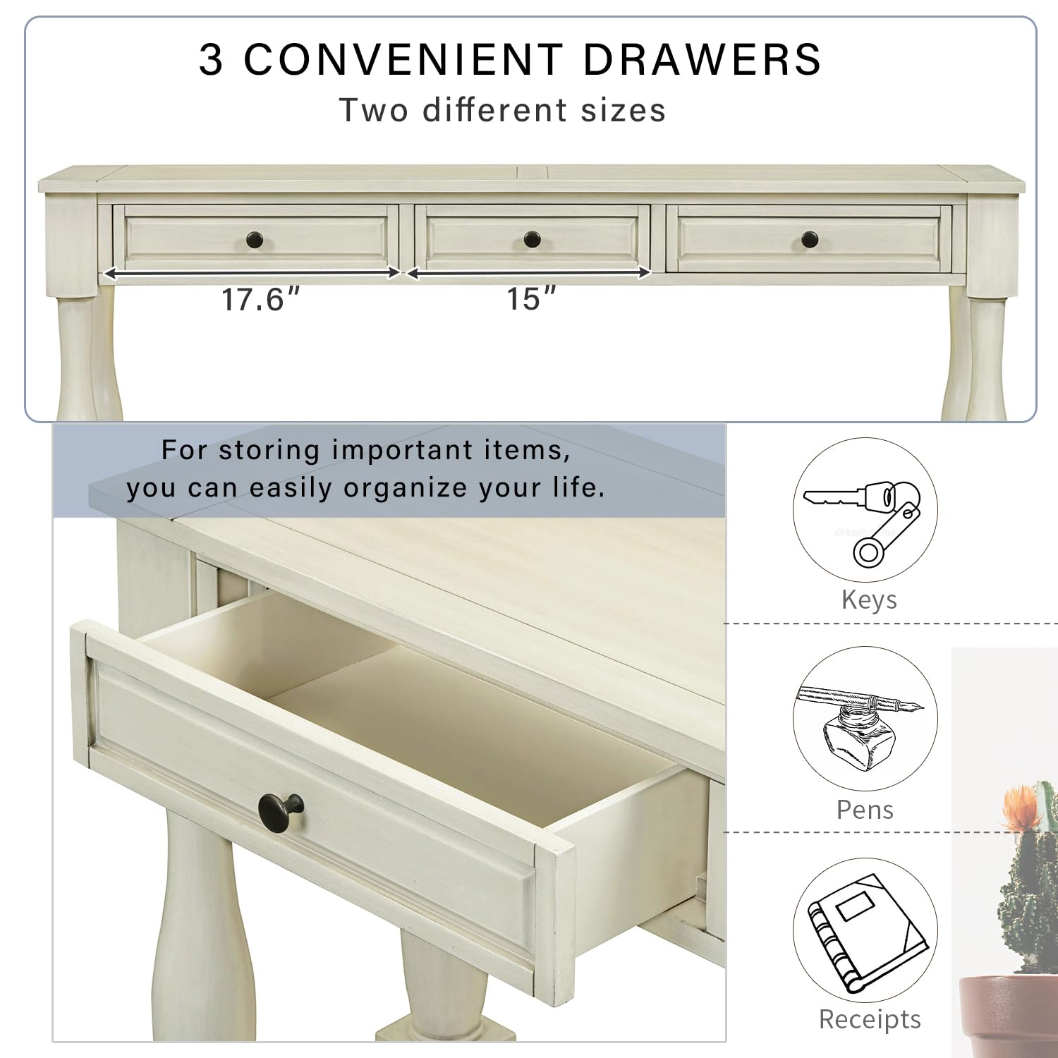 Merax LUMISOL 64 inch Long Console Sofa Table with 3 Drawers and Bottom Shelf, Hallway Table Entryway Table for Living Room, Easy Assembly (Antique White).