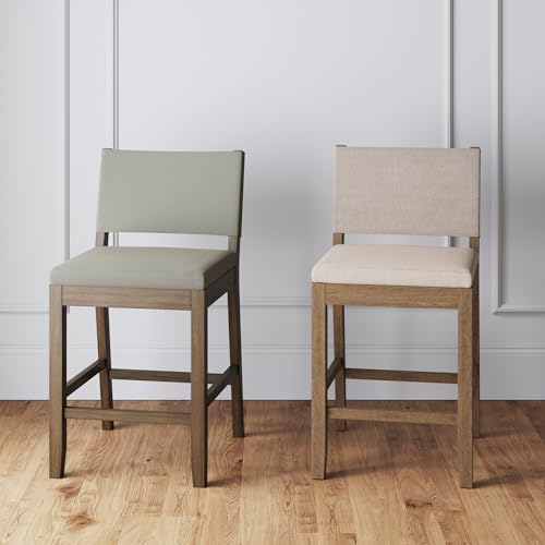Nathan James Linus Modern Upholstered Counter Height Bar Stool with Back and Solid Rubberwood Legs in a Dark Brown Wood, Natural Light Grey/Brown, Set of 4