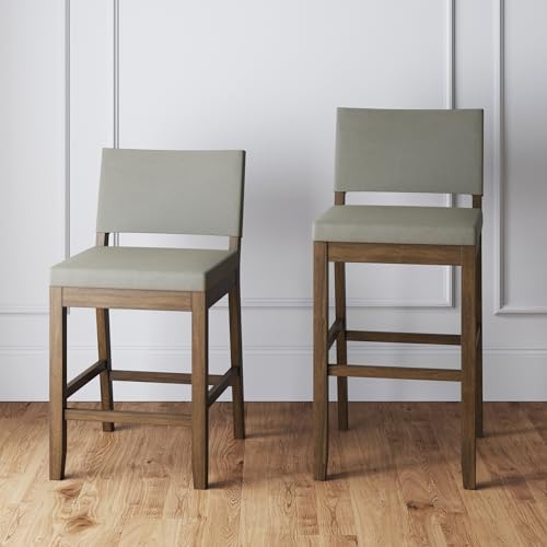 Nathan James Linus Modern Upholstered Counter Height Bar Stool with Back and Solid Rubberwood Legs in a Dark Brown Wood, Natural Light Grey/Brown, Set of 4