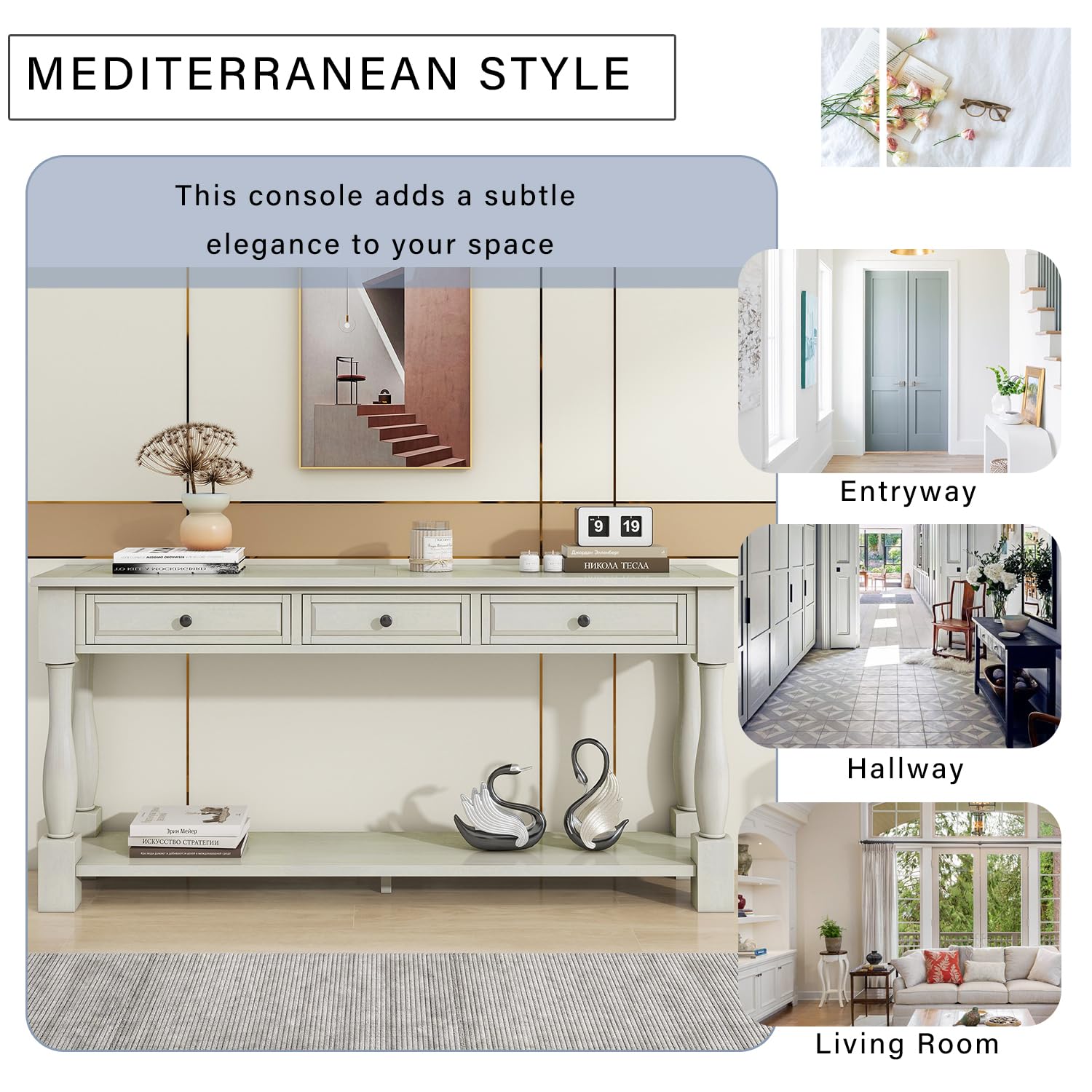 Merax LUMISOL 64 inch Long Console Sofa Table with 3 Drawers and Bottom Shelf, Hallway Table Entryway Table for Living Room, Easy Assembly (Antique White).