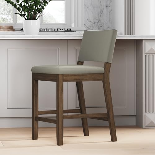 Nathan James Linus Modern Upholstered Counter Height Bar Stool with Back and Solid Rubberwood Legs in a Dark Brown Wood, Natural Light Grey/Brown, Set of 4