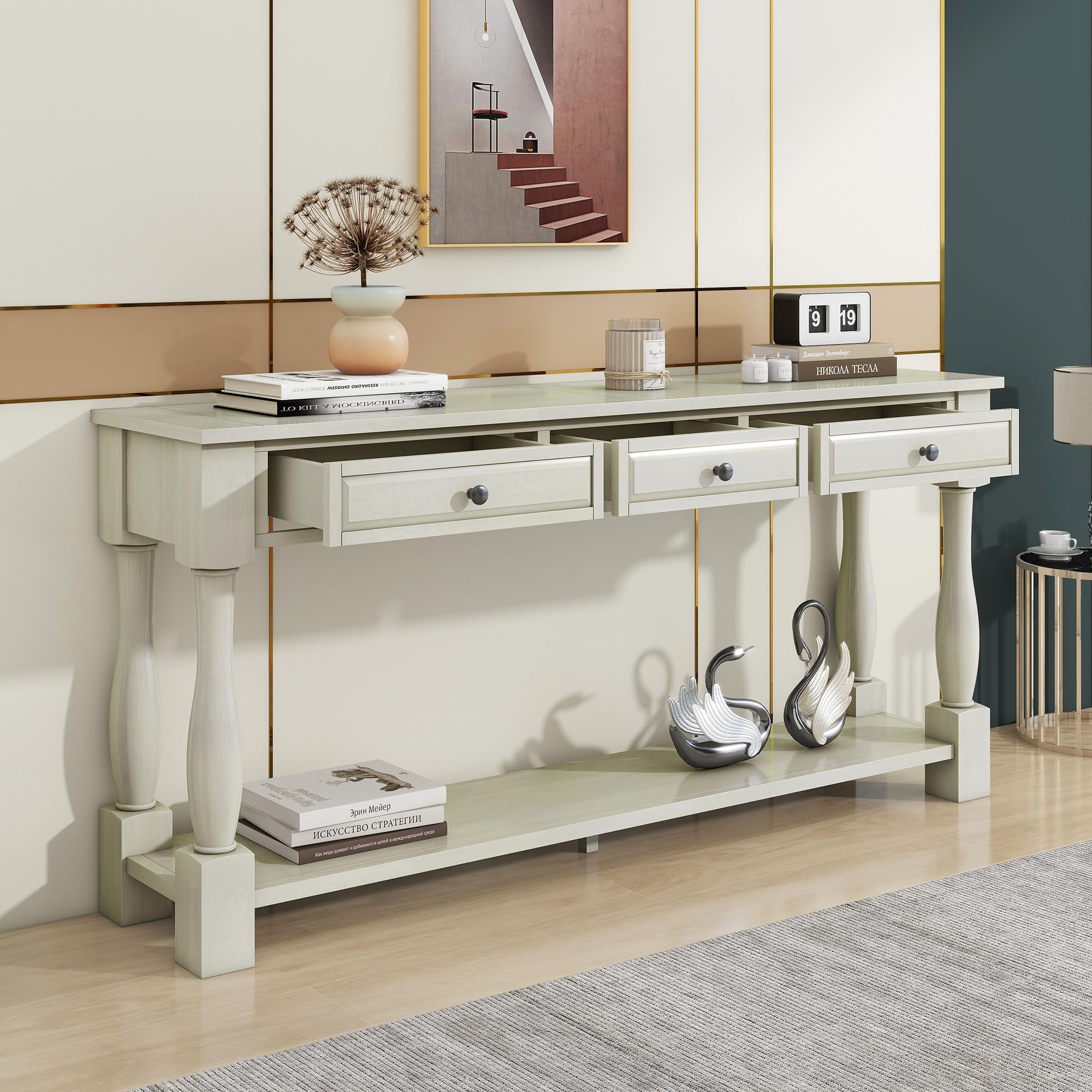 Merax LUMISOL 64 inch Long Console Sofa Table with 3 Drawers and Bottom Shelf, Hallway Table Entryway Table for Living Room, Easy Assembly (Antique White).