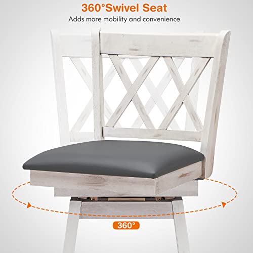 COSTWAY Bar Stool Set of 4, 360 ° Swivel Bar Height 29.5 inch Bar Stool with Foot Rest Upholstered Cushion & Ergonomic Backrest, Sturdy Frame, for Pub, Restaurant, Home (4, Antique White + Grey)