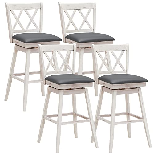 COSTWAY Bar Stool Set of 4, 360 ° Swivel Bar Height 29.5 inch Bar Stool with Foot Rest Upholstered Cushion & Ergonomic Backrest, Sturdy Frame, for Pub, Restaurant, Home (4, Antique White + Grey)