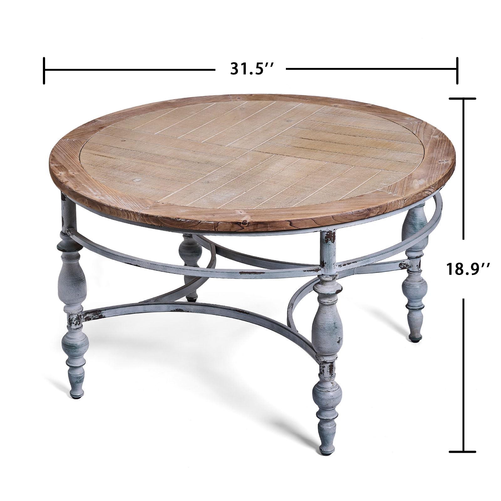 TIMBERMAVEN Rustic Farmhouse Round Coffee Table, French Country Vintage Center Table,φ31.5'' x18.9''H Rustic Solid Wood with Vintage Iron Legs, for Living Room, Bedroom,Dinning Room, White