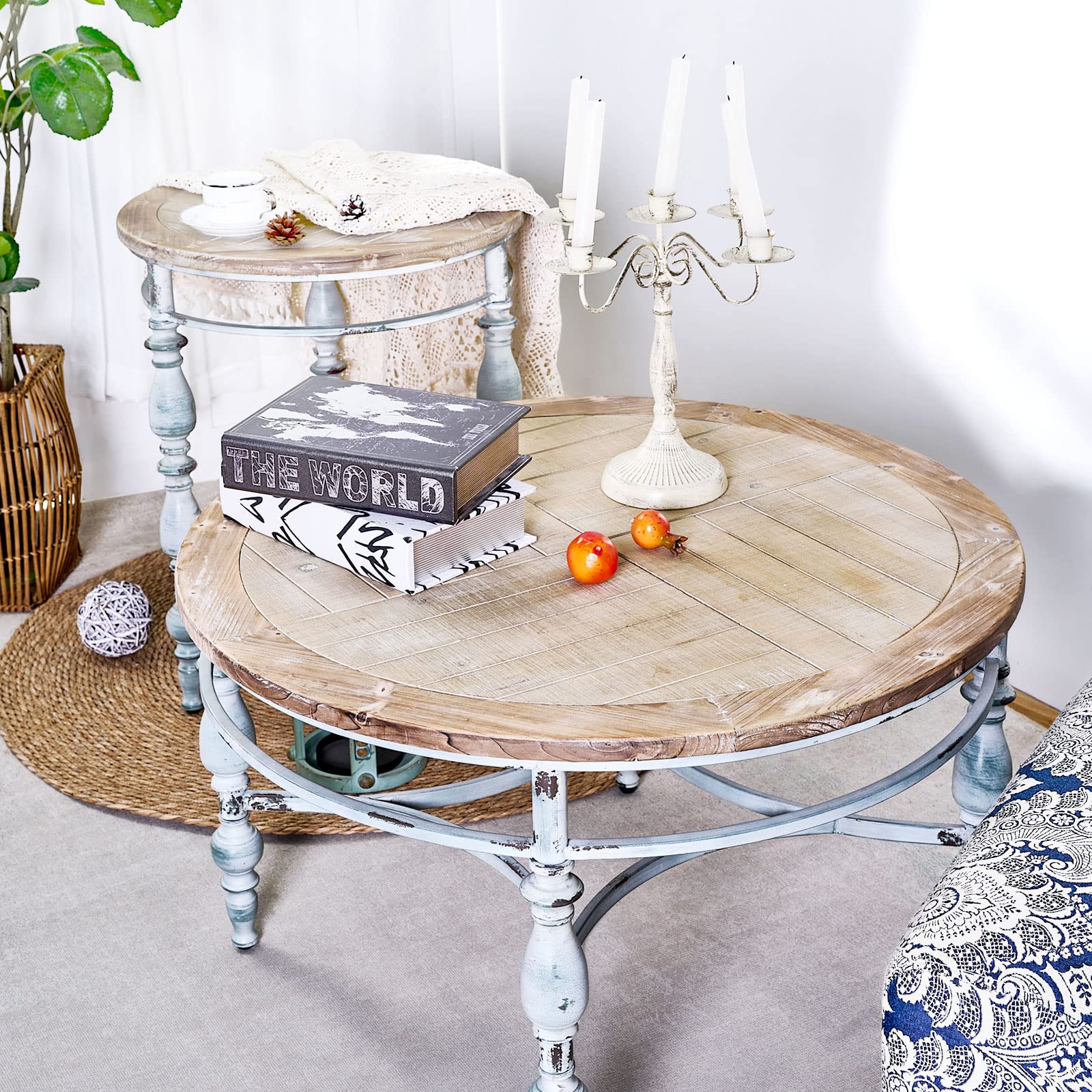 TIMBERMAVEN Rustic Farmhouse Round Coffee Table, French Country Vintage Center Table,φ31.5'' x18.9''H Rustic Solid Wood with Vintage Iron Legs, for Living Room, Bedroom,Dinning Room, White