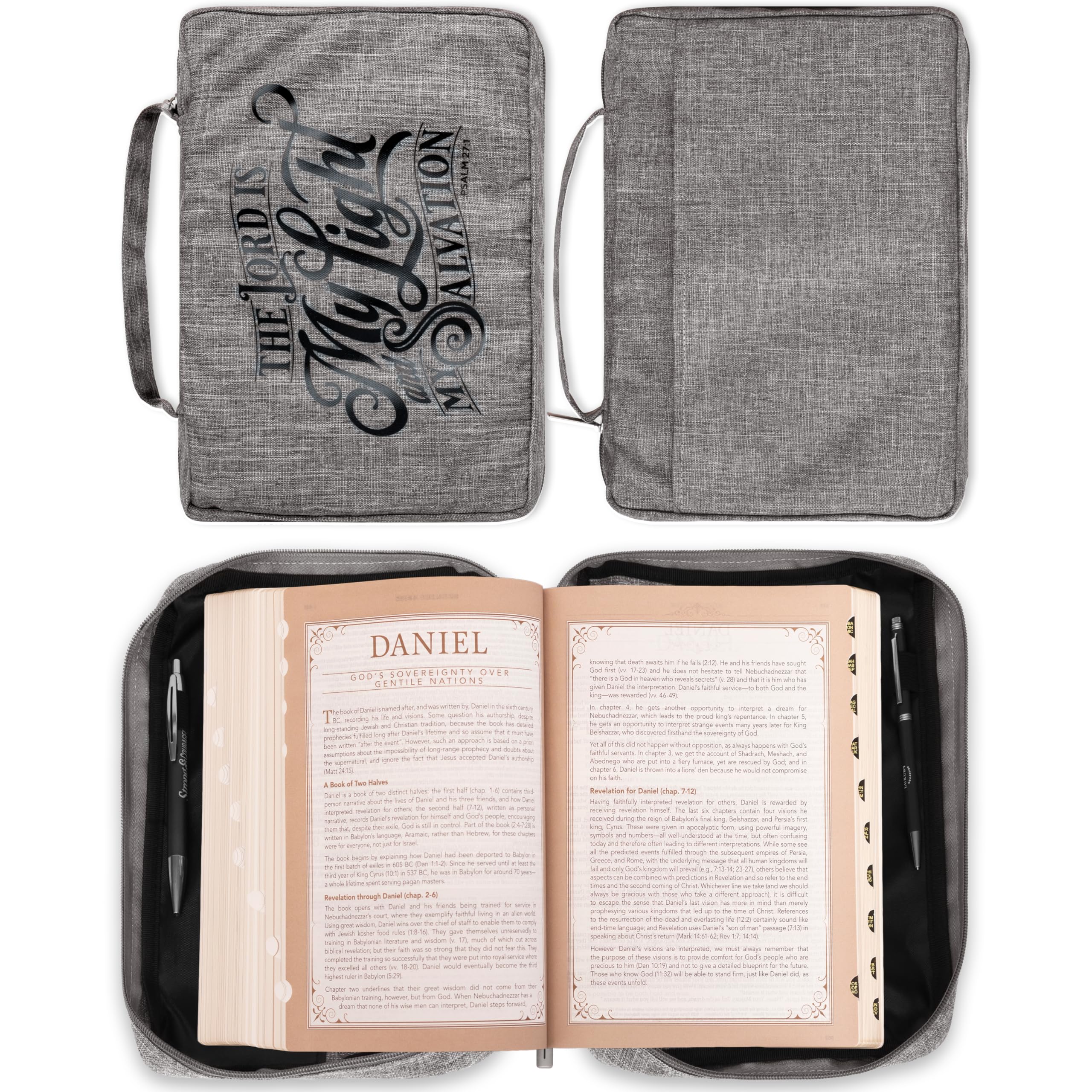Christian Art Gifts Poly-Canvas Bible Cover for Men & Women: The Lord is My Light - Psalm 27:1 Inspirational Bible Verse w/Secured Zippered Pocket & Pen Storage for Books & Supplies, Gray, Medium