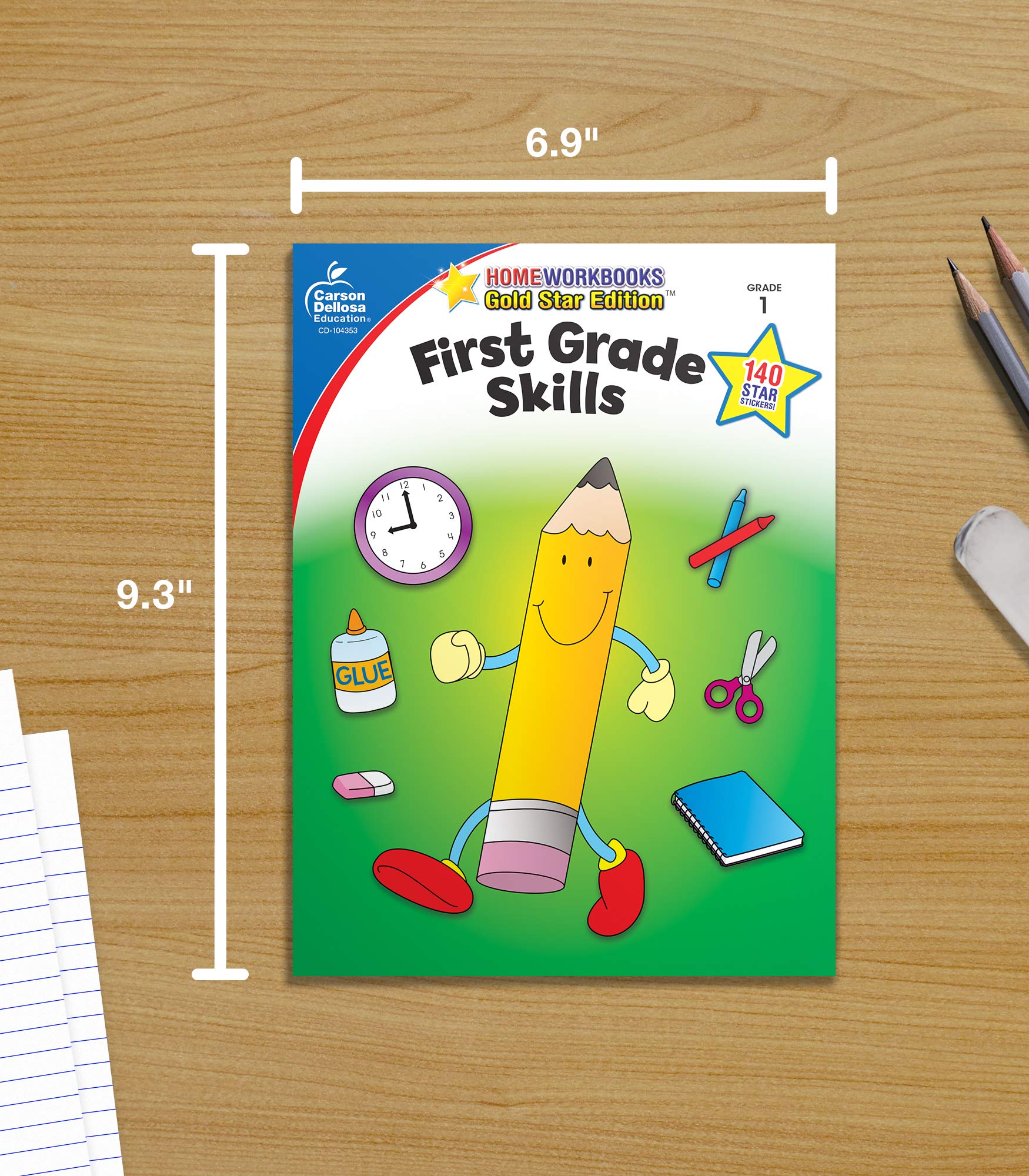Carson Dellosa First Grade Skills Workbook―Grade 1 Reading, Addition, Subtraction, Graphing, Measuring, Phonics, Writing Skills Practice With Stickers (64 pgs) (Home Workbooks)