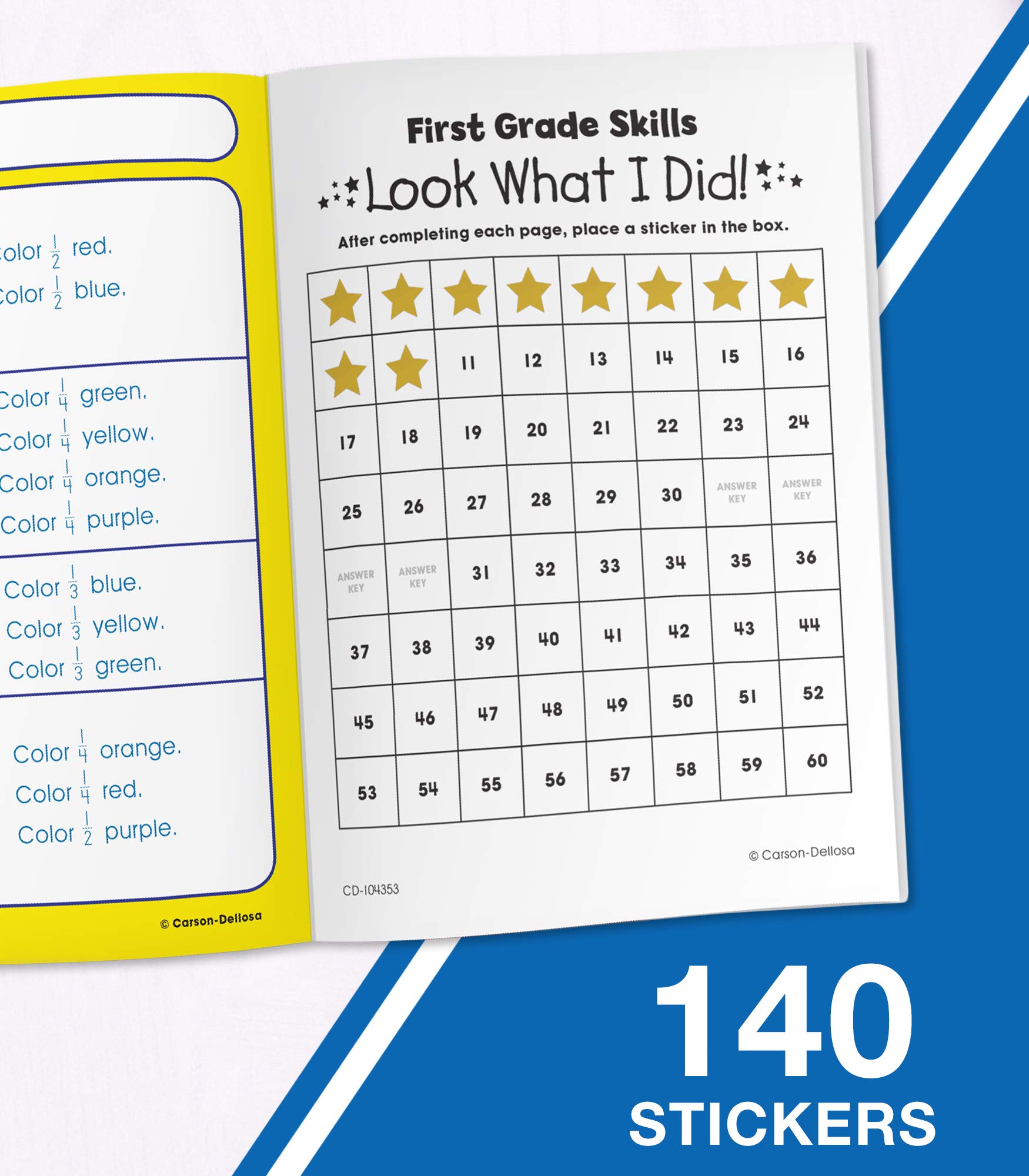 Carson Dellosa First Grade Skills Workbook―Grade 1 Reading, Addition, Subtraction, Graphing, Measuring, Phonics, Writing Skills Practice With Stickers (64 pgs) (Home Workbooks)