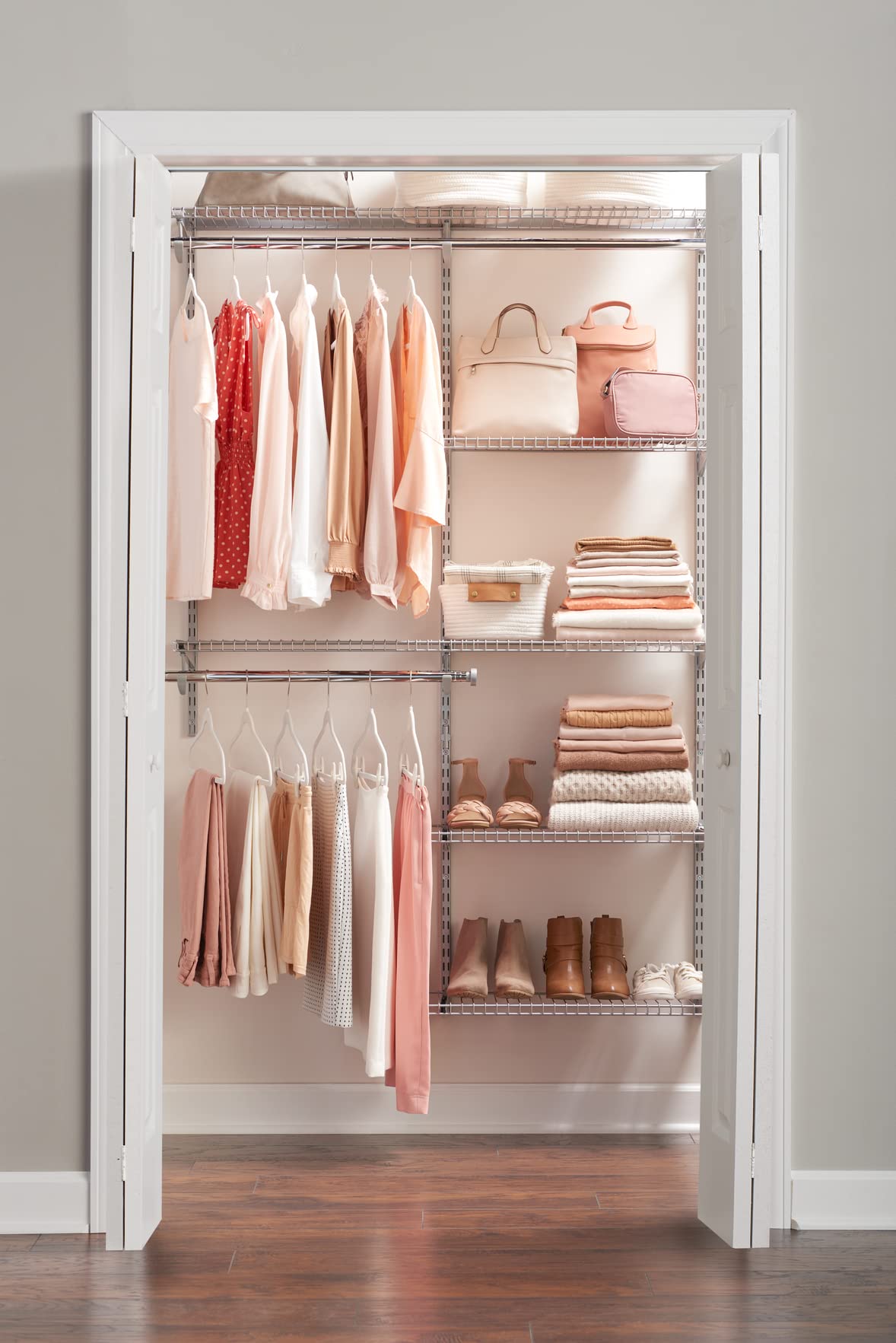 Rubbermaid Configurations Deluxe Closet Kit, Titanium, 4-8 Ft., Wire Shelving Kit with Expandable Shelving and Telescoping Rods, Custom Closet Organization System, Easy Installation
