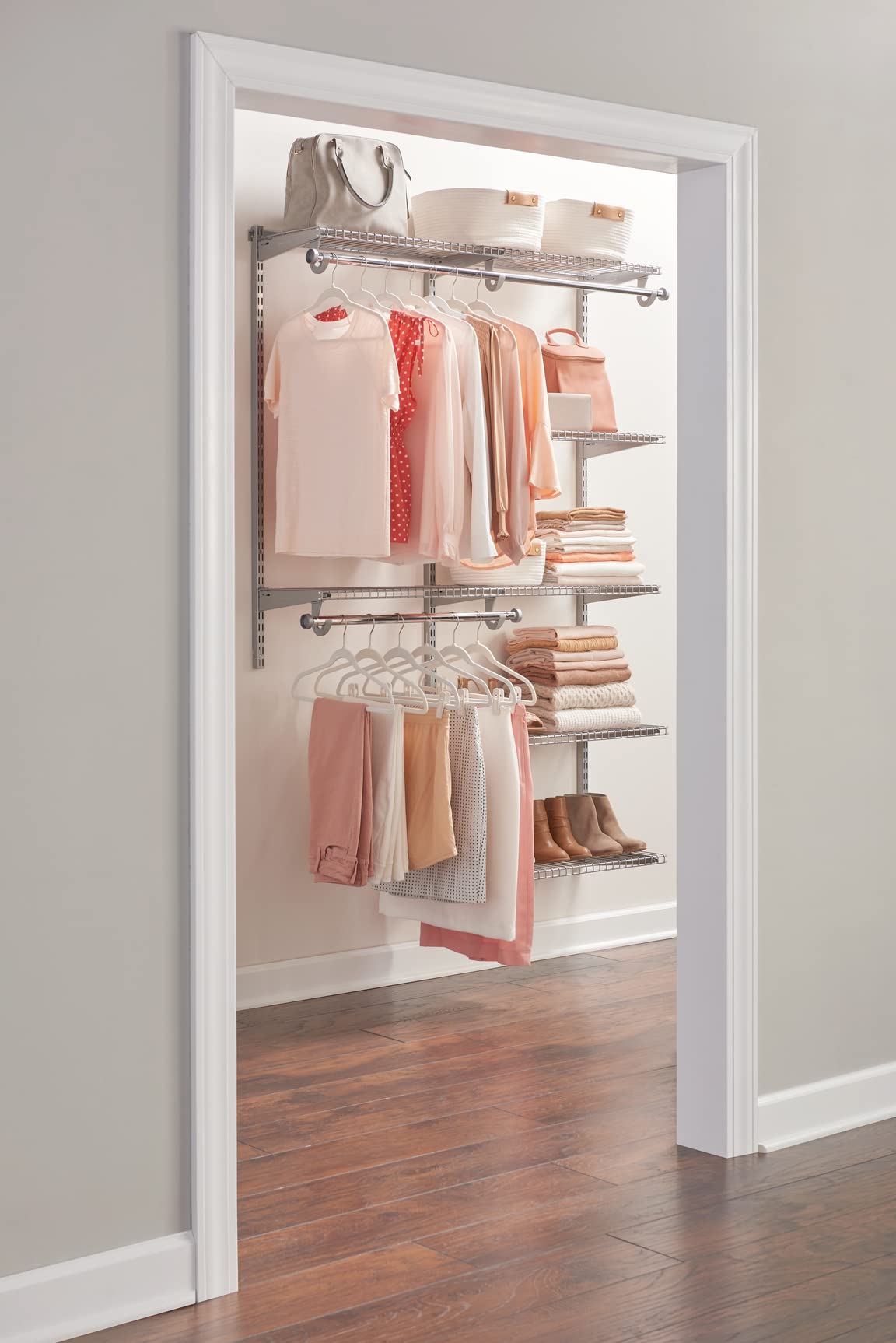 Rubbermaid Configurations Deluxe Closet Kit, Titanium, 4-8 Ft., Wire Shelving Kit with Expandable Shelving and Telescoping Rods, Custom Closet Organization System, Easy Installation