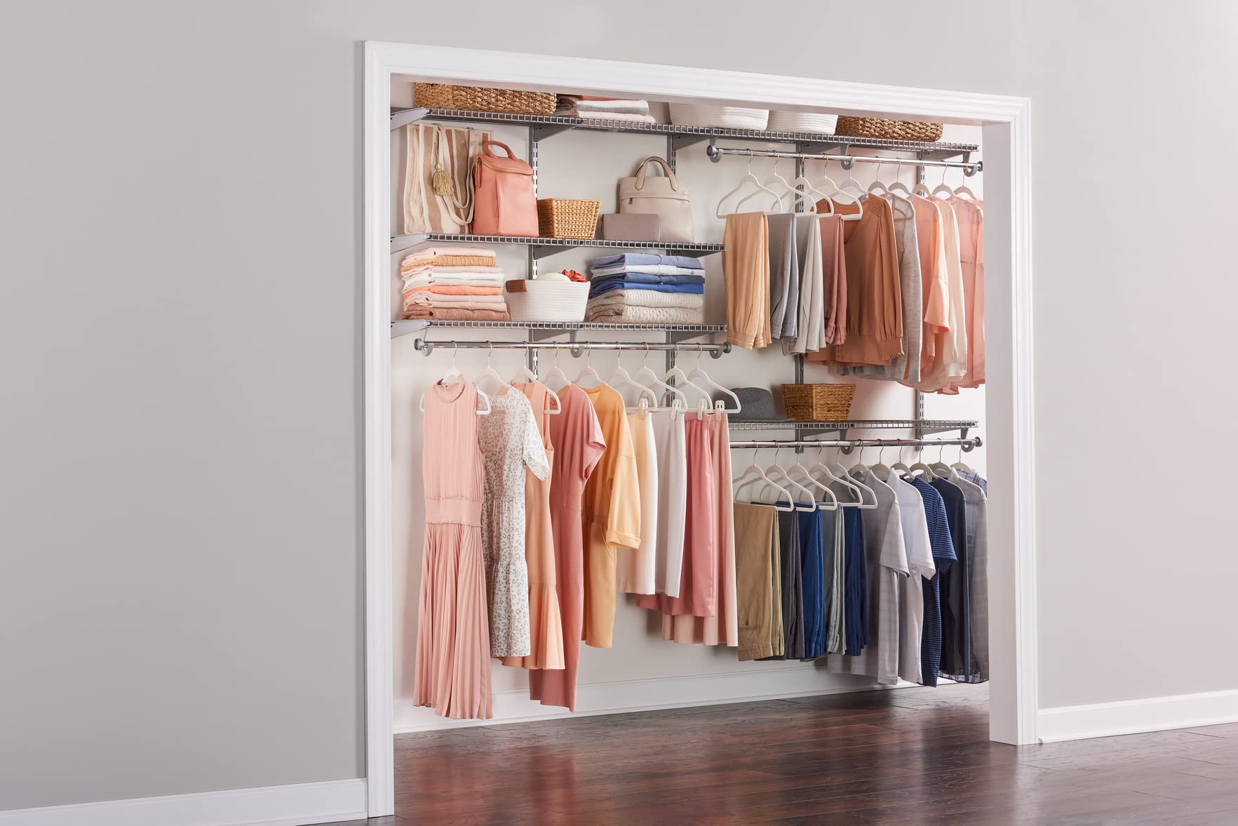 Rubbermaid Configurations Deluxe Closet Kit, Titanium, 4-8 Ft., Wire Shelving Kit with Expandable Shelving and Telescoping Rods, Custom Closet Organization System, Easy Installation